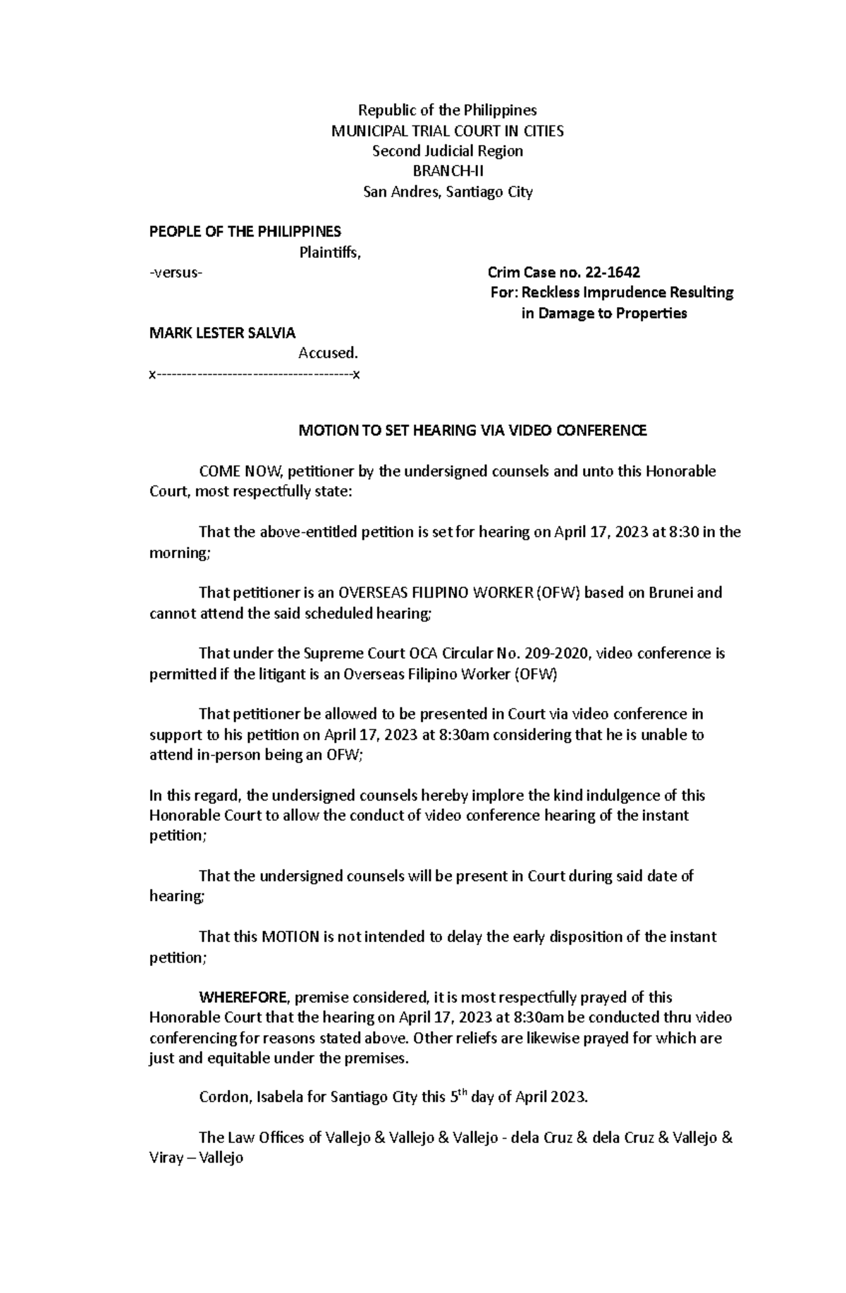 Motion for video conferencing Rudy Mabanta - Republic of the ...
