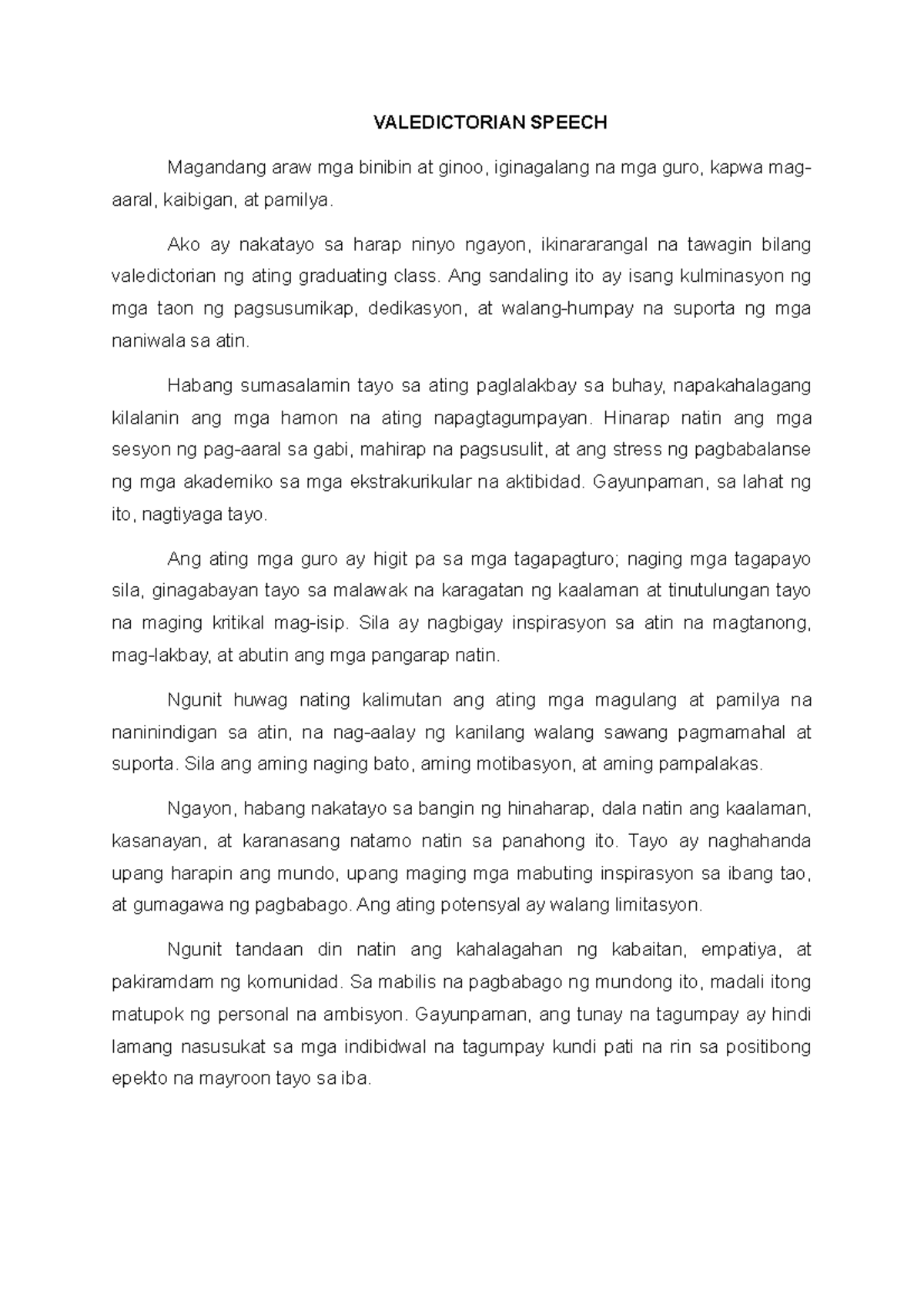 Valedictorian Speech - VALEDICTORIAN SPEECH Magandang araw mga binibin ...