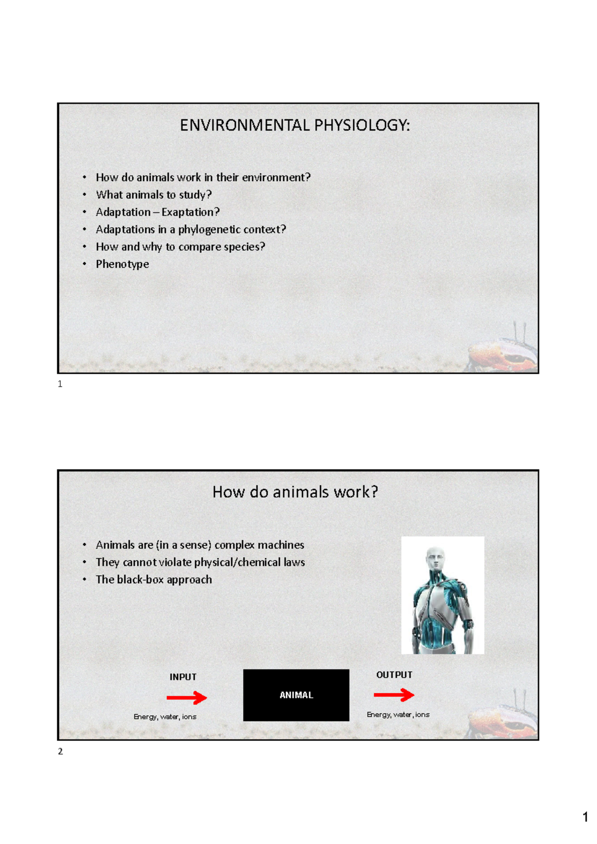 W1 environmental physiology - ENVIRONMENTAL PHYSIOLOGY: • How do ...