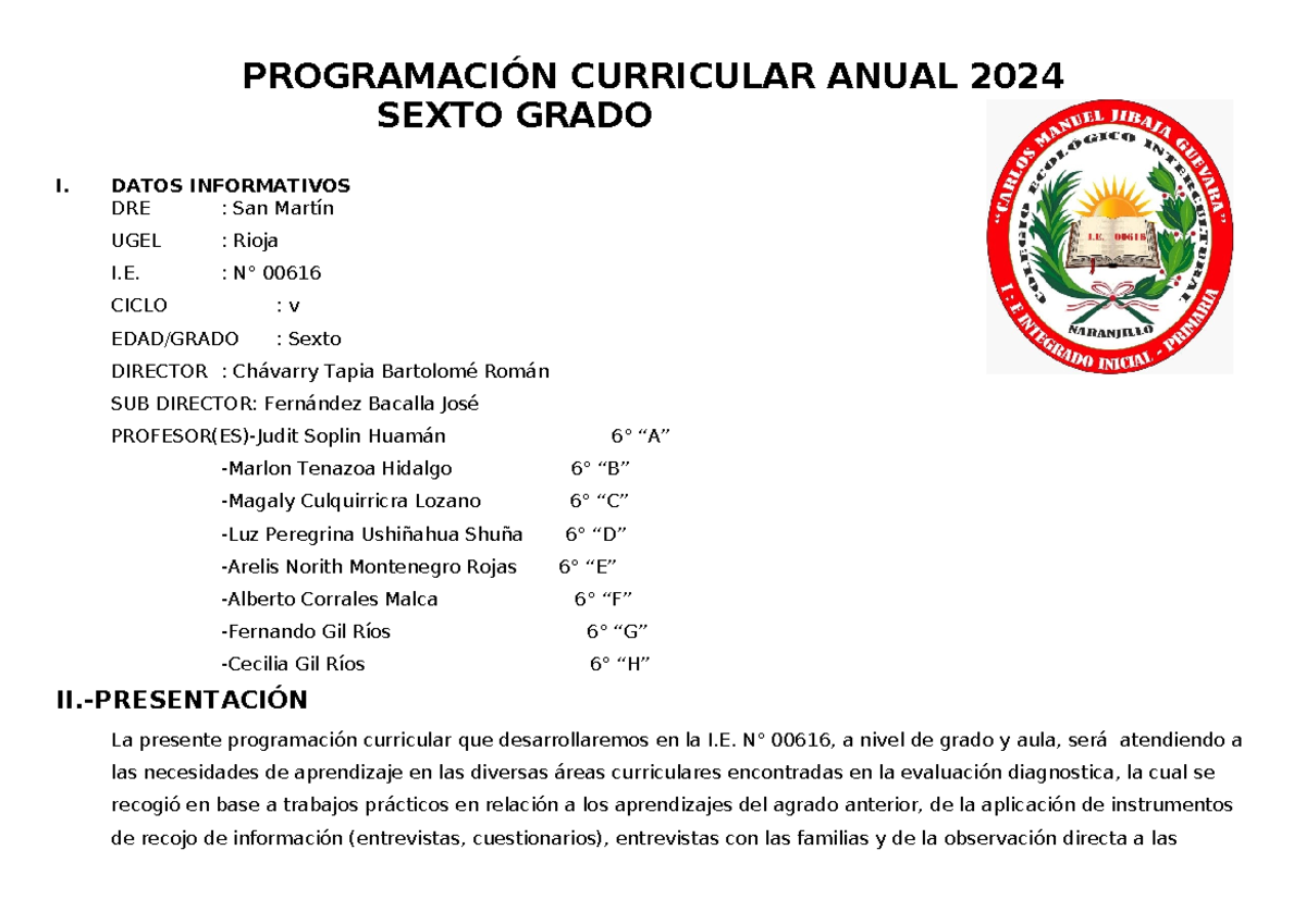 Programación Curricular Anual 2024 - PROGRAMACIÓN CURRICULAR ANUAL 2024 SEXTO GRADO I. DATOS ...