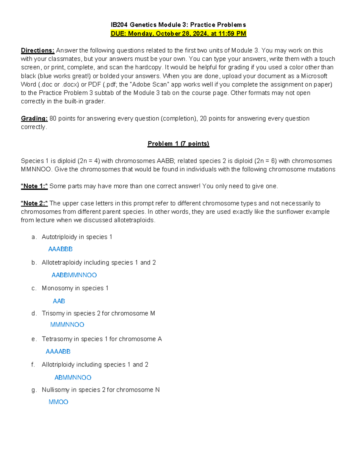 Geneticspracticeprob 3 - IB204 Genetics Module 3: Practice Problems DUE ...