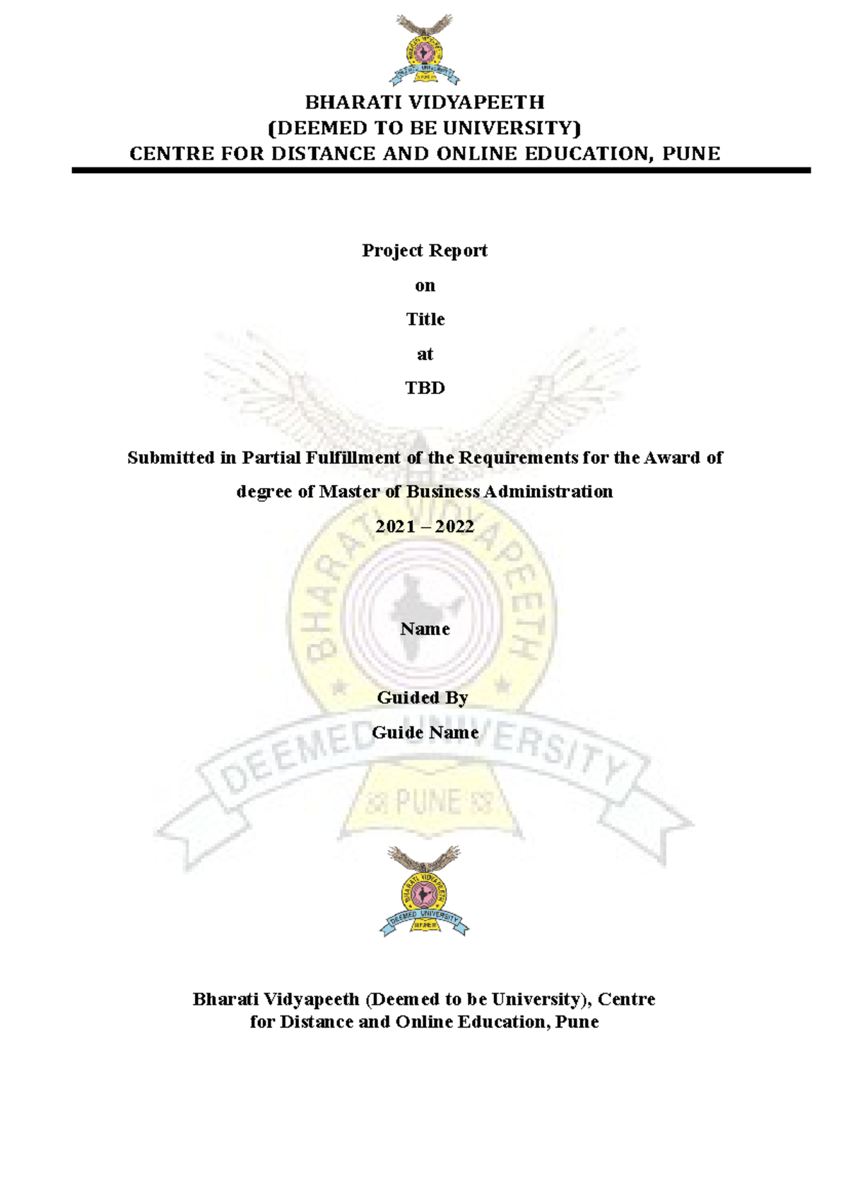 Format - DEmo - Project Report on Title at TBD Submitted in Partial ...