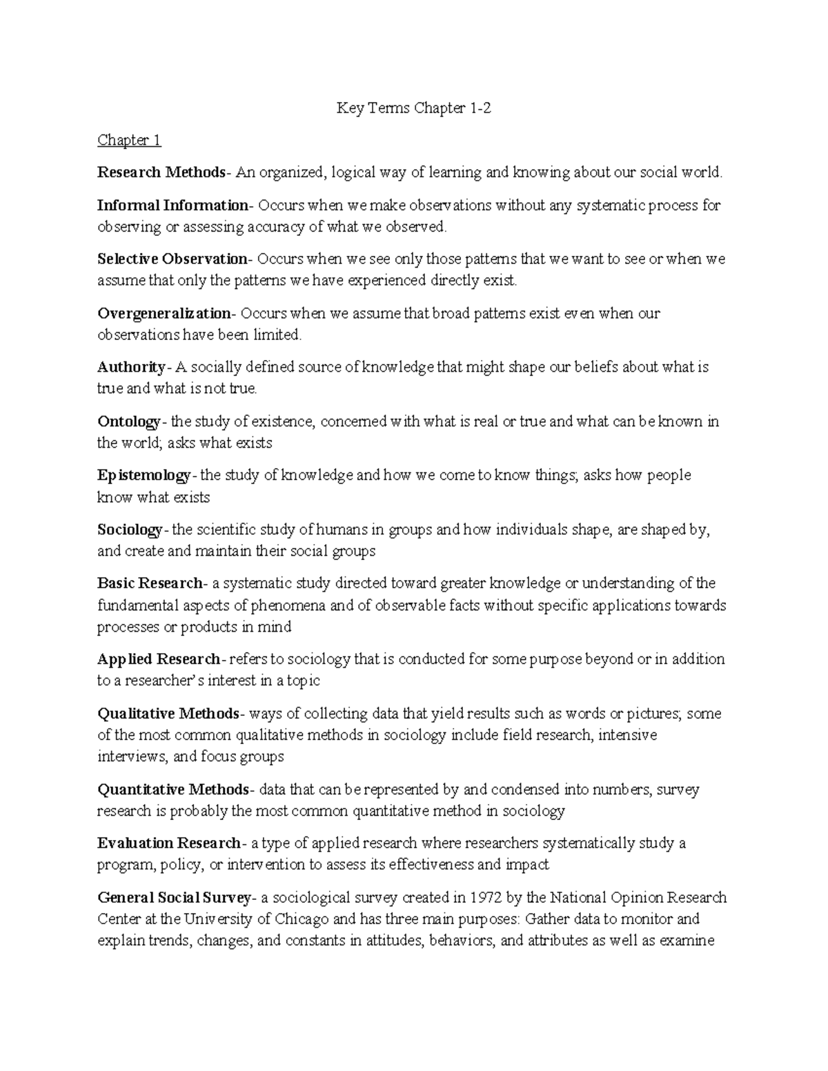 Key Terms Chapter 1-2 - Notes - Key Terms Chapter 1- Chapter 1 Research ...