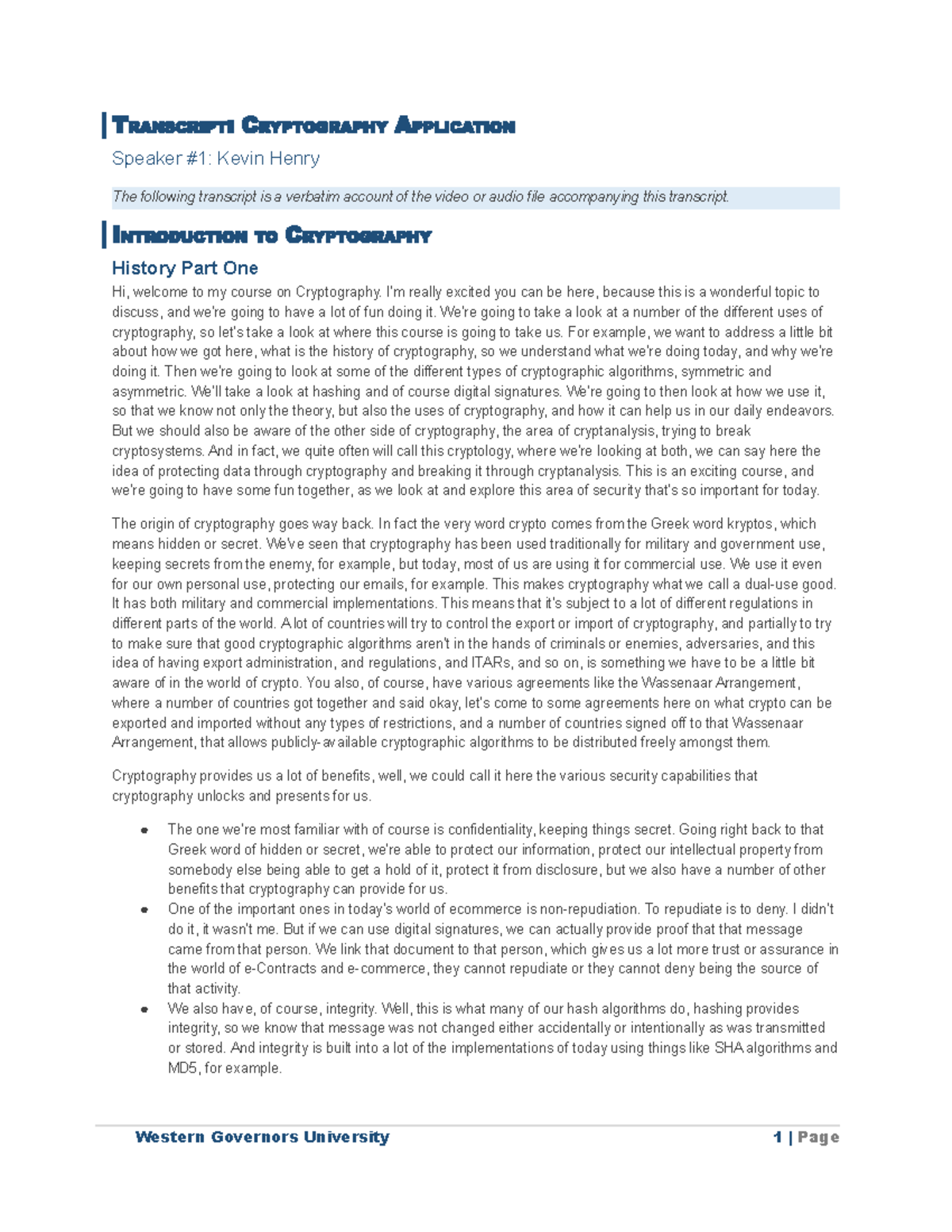 Unit 1 Transcript - TRANSCRIPT: CRYPTOGRAPHY APPLICATION Speaker #1 ...