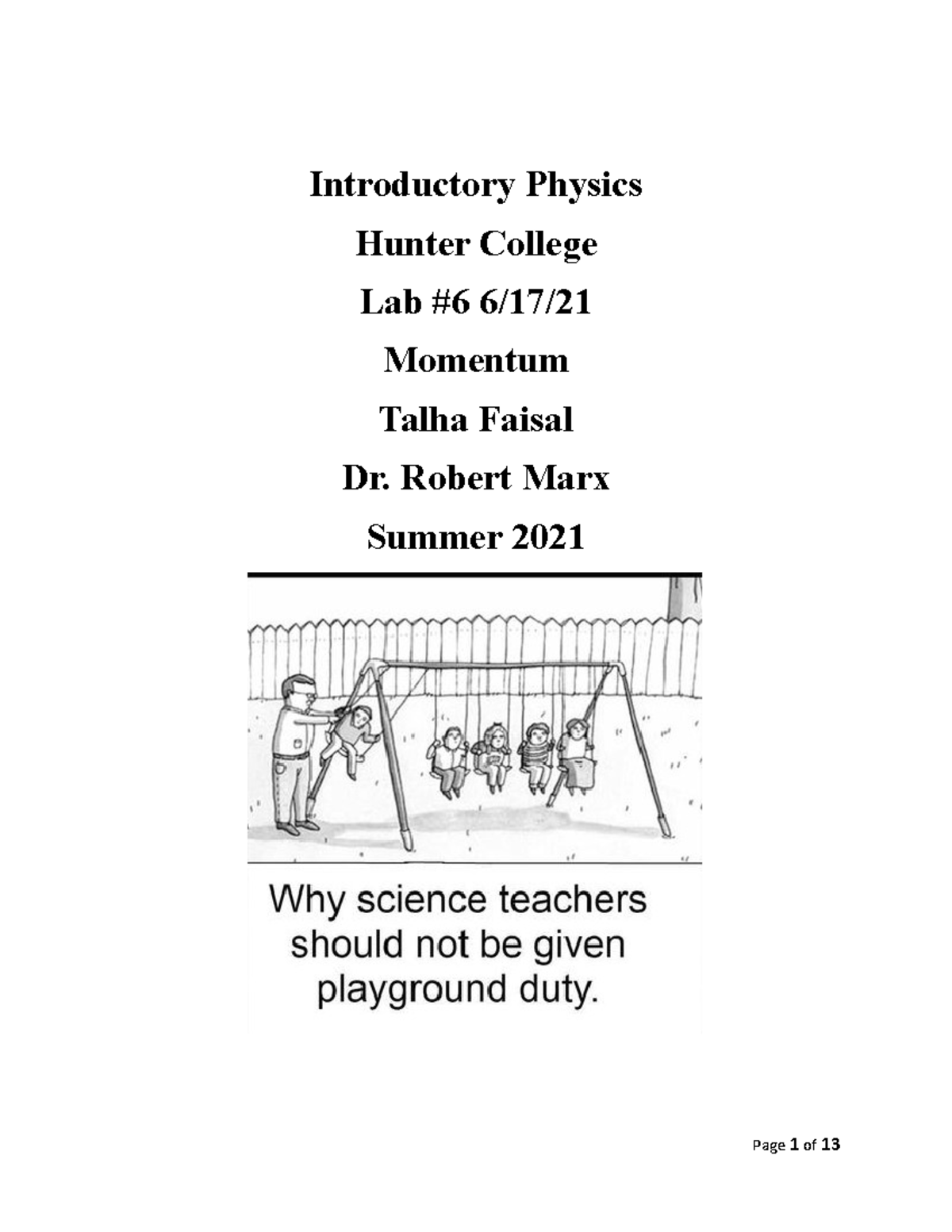 006 Momentum Lab - Introductory Physics Hunter College Lab #6 6/17 ...