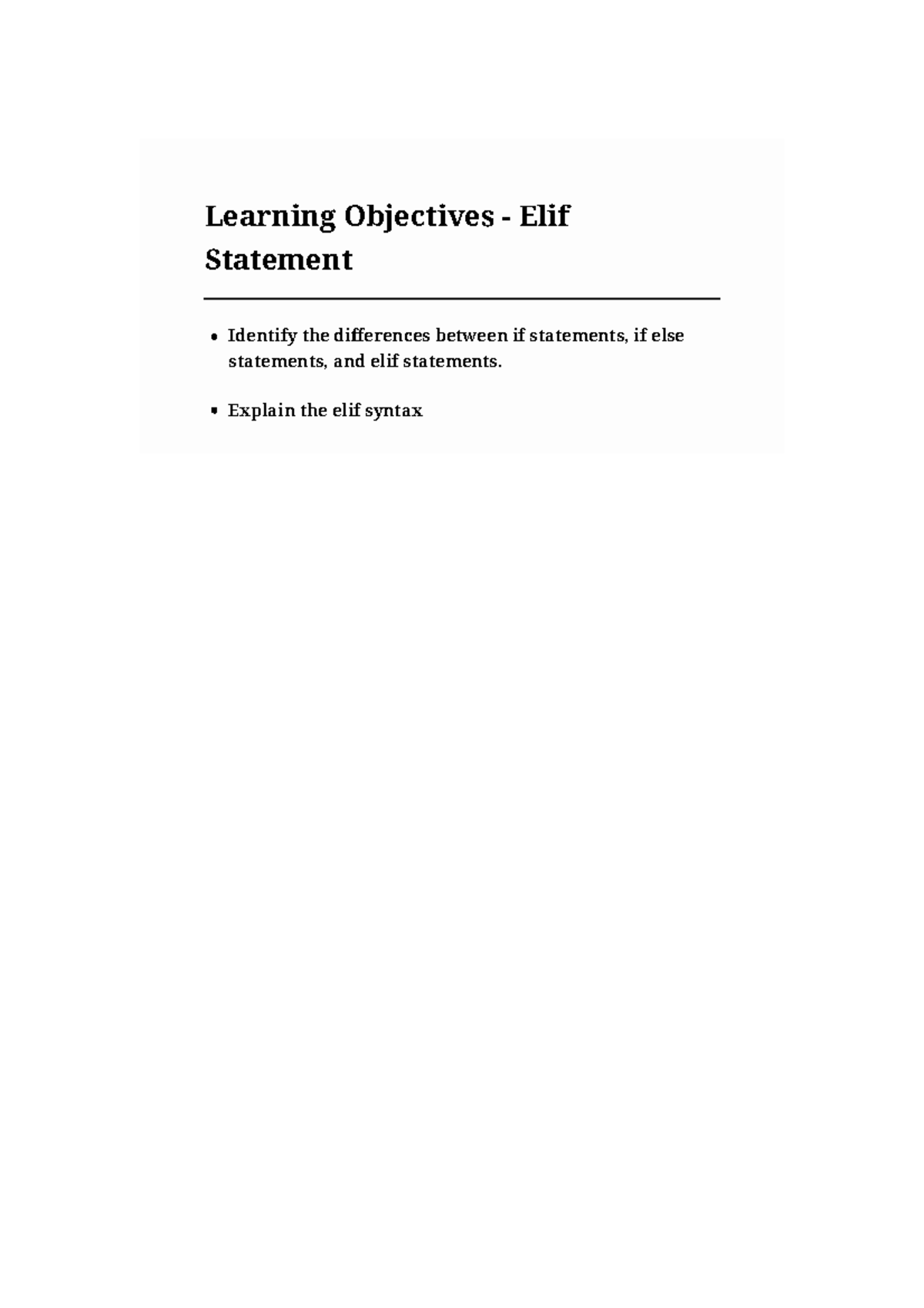 If elif else-statement - Learning Objectives - Elif Statement Identify ...