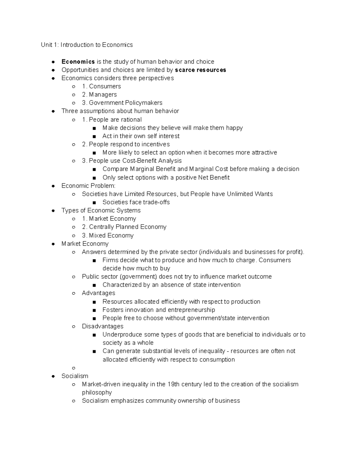 Exam Review - Econ 1B03 - Prof: Colin Mang - Unit 1: Introduction to ...