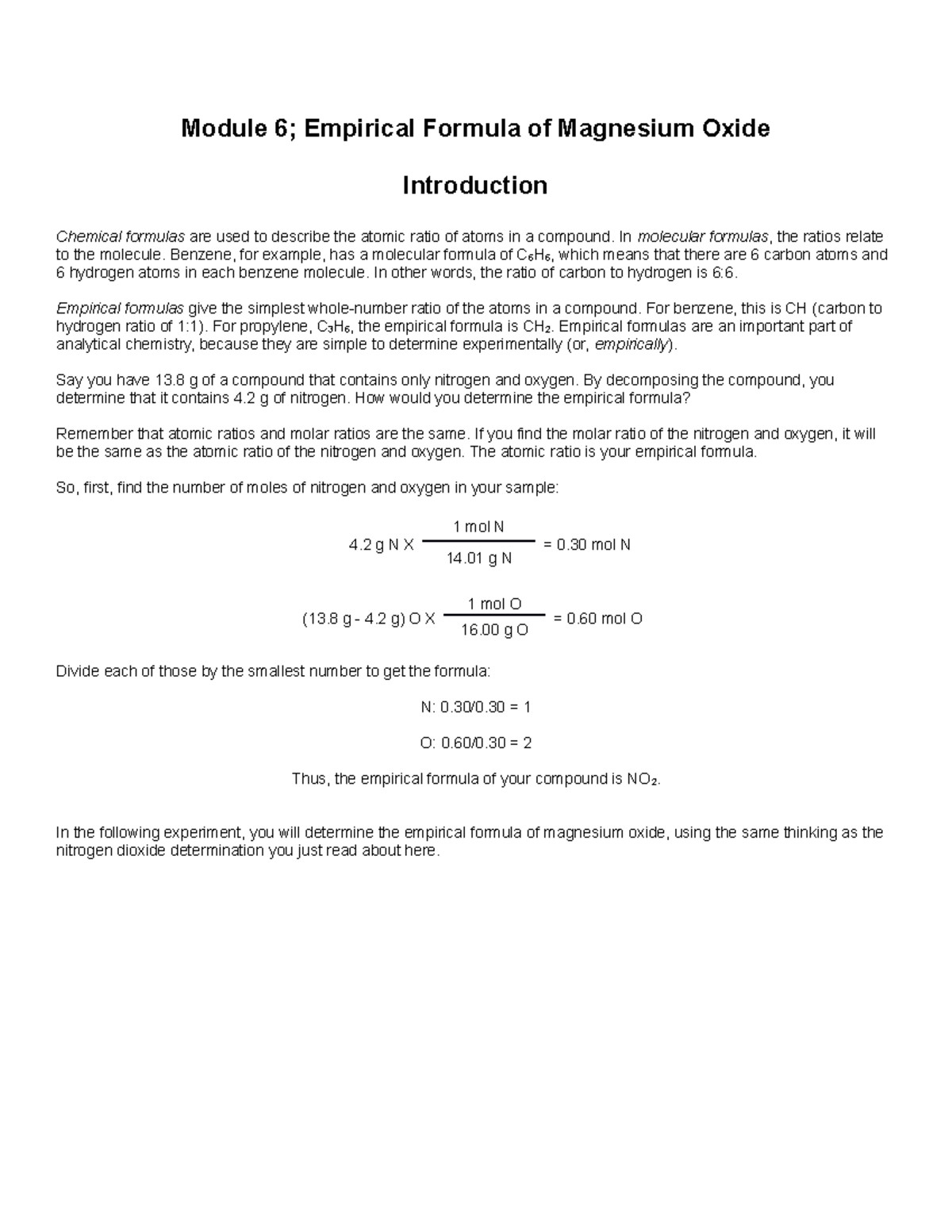 Module 6 Empirical lab - lab - Module 6; Empirical Formula of Magnesium ...
