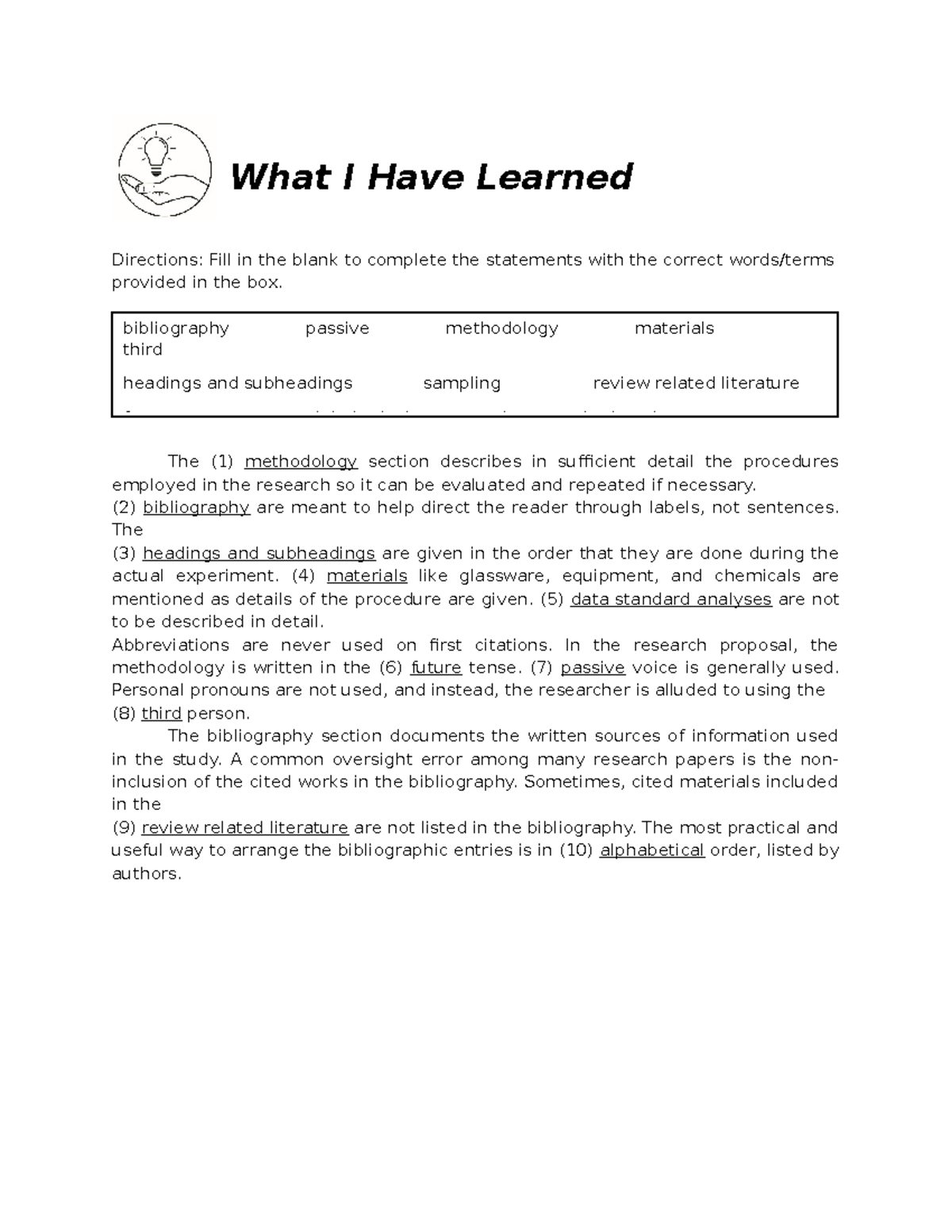 What I Have Learned - What I Have Learned Directions: Fill in the blank ...