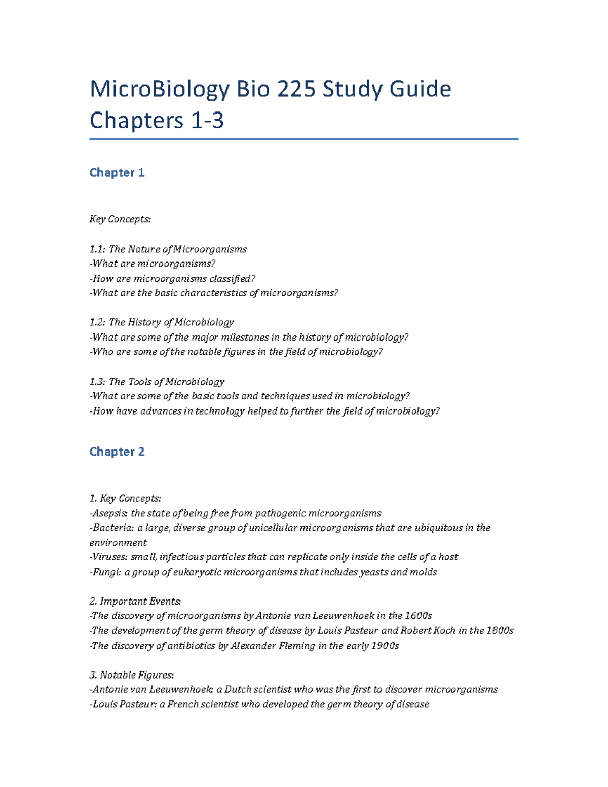 Micro Biology Bio 225 Study Guide Chapters 1-3 - MicroBiology Bio 225 ...