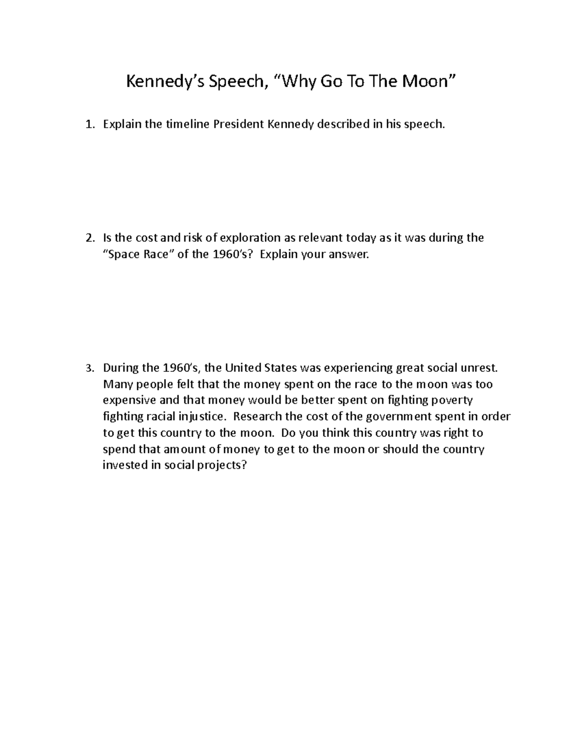 Kennedy Moon Speech Questions (6)-2 - Kennedy’s Speech, “Why Go To The ...