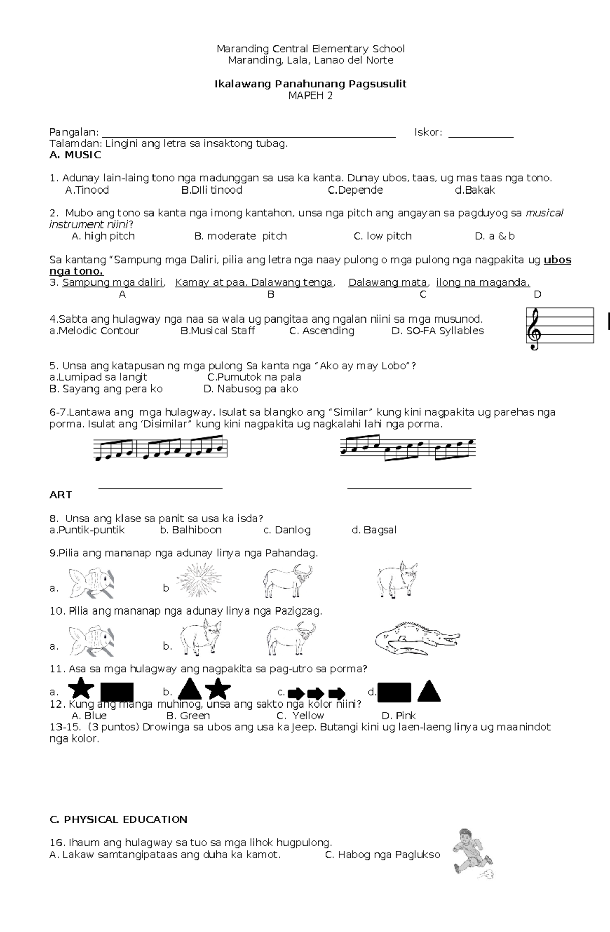 Second Quarter Exam Mapeh - Maranding Central Elementary School ...