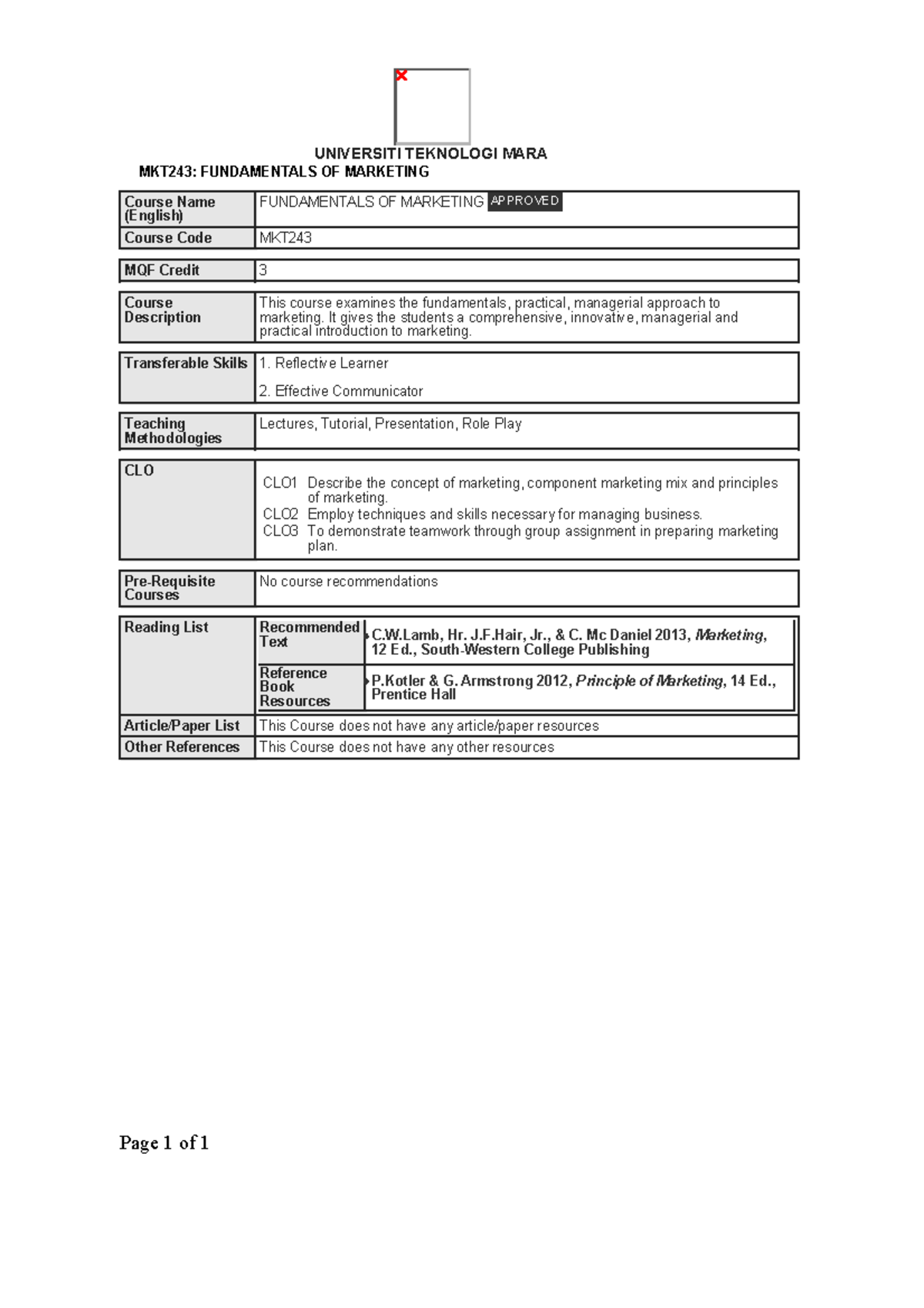 Course Fundamentals OF Marketing - UNIVERSITI TEKNOLOGI MARA MKT243 ...