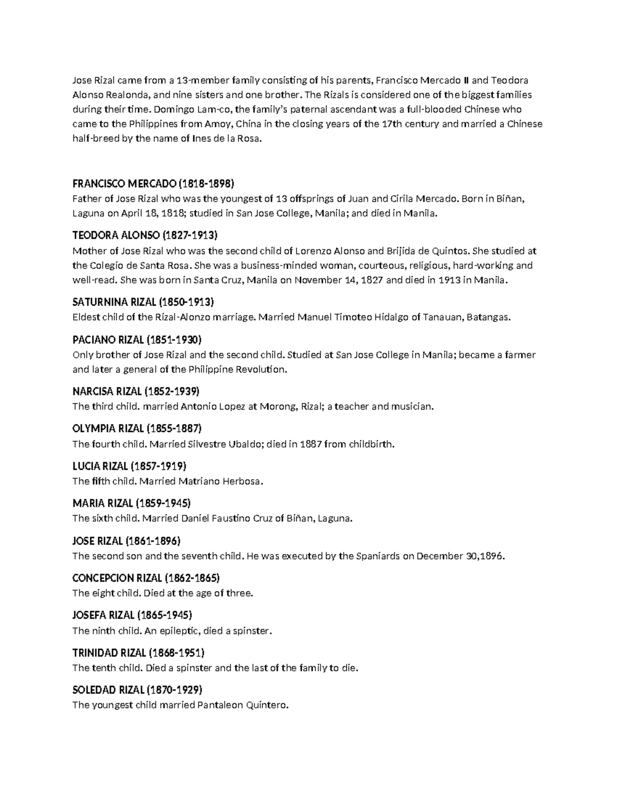 Rizal family tree - Jose Rizal came from a 13-member family consisting ...