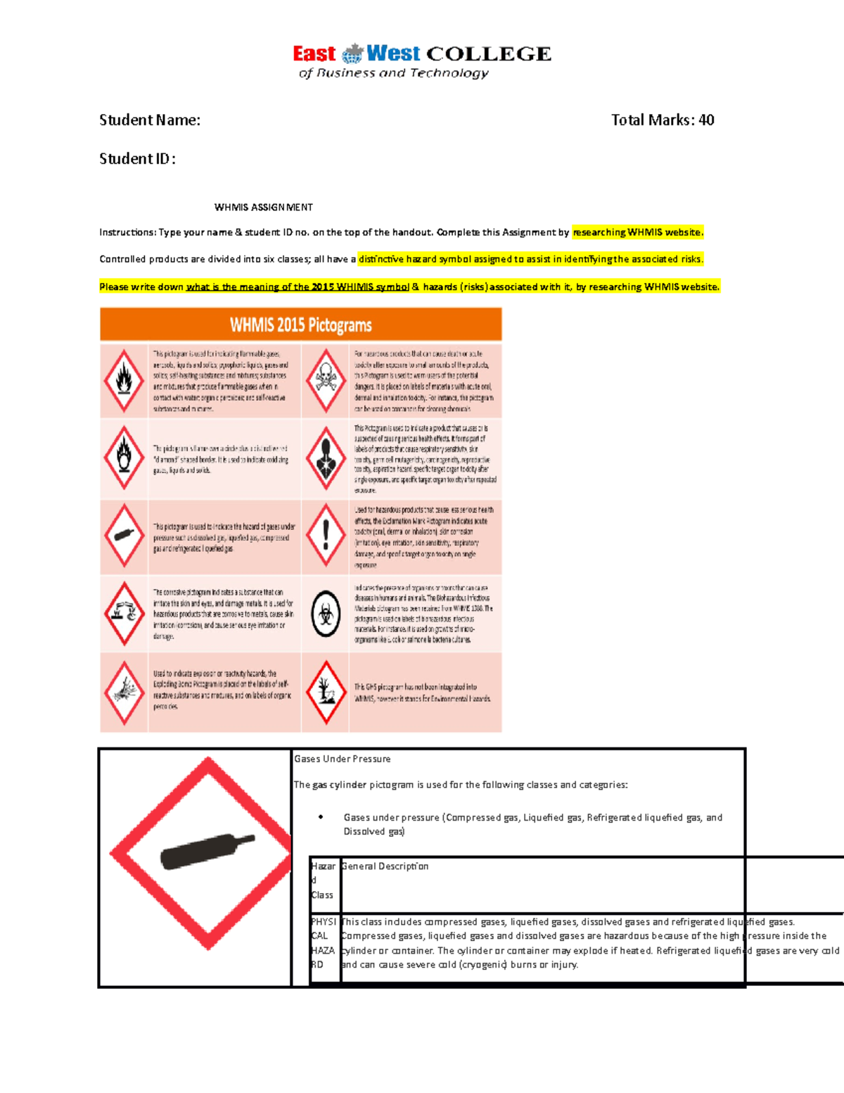 WHMIS Assignment - Student ID: WHMIS ASSIGNMENT Instructions: Type your ...