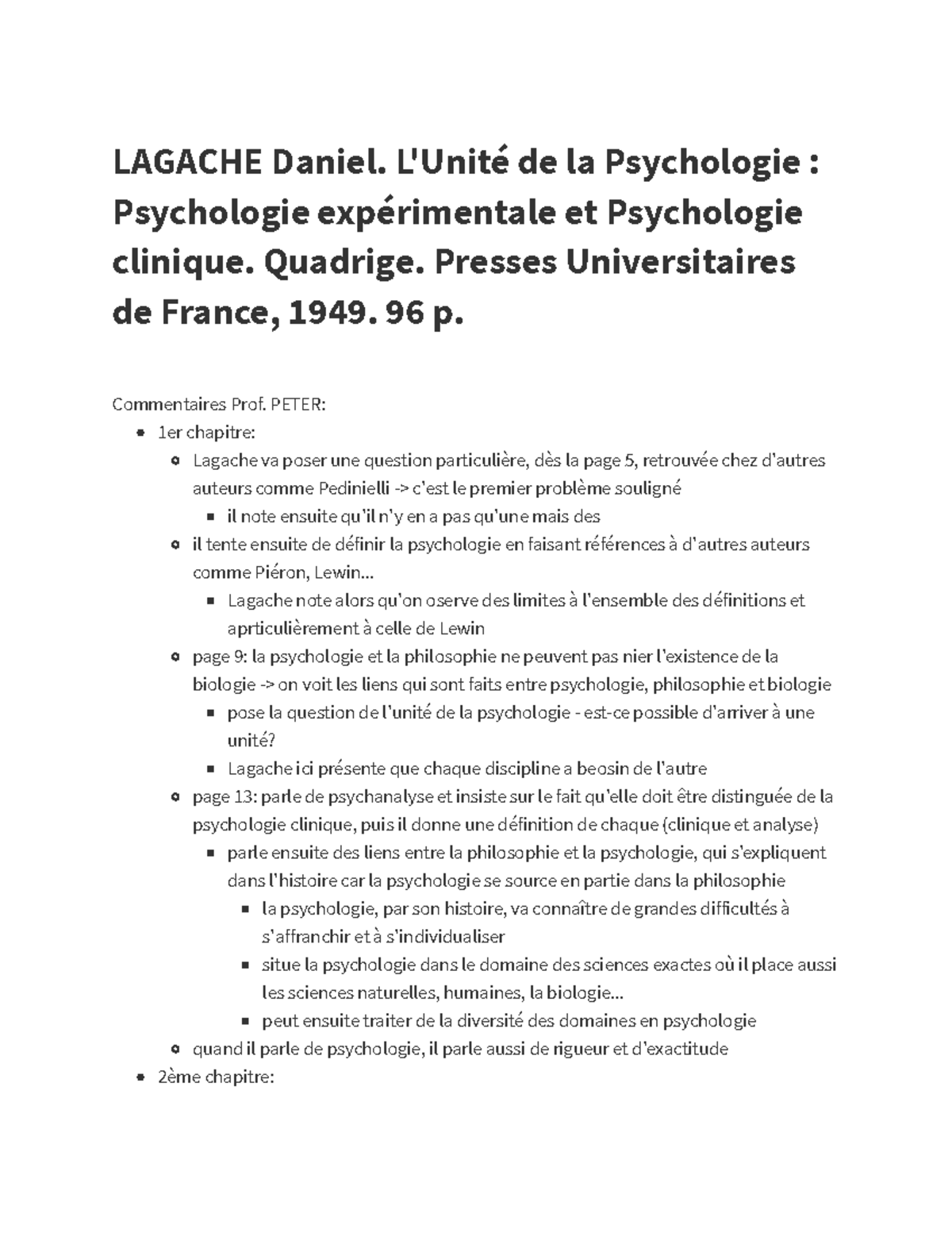 Lagache Daniel. L'Unité de la Psychologie Psychologie expérimentale et ...