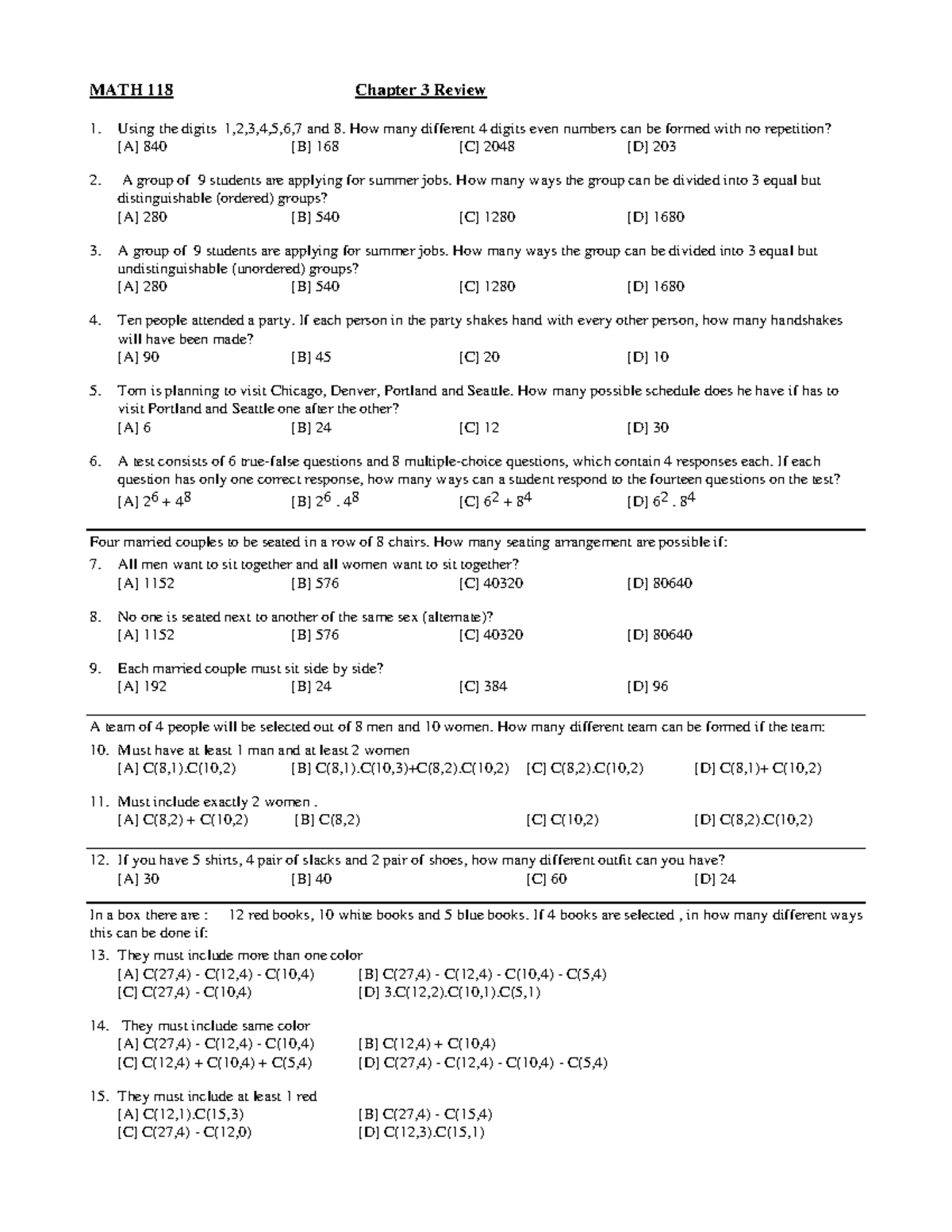 Chapter 3 Quiz Solved - MATH 118 Chapter 3 Review Using the digits 1,2 ...