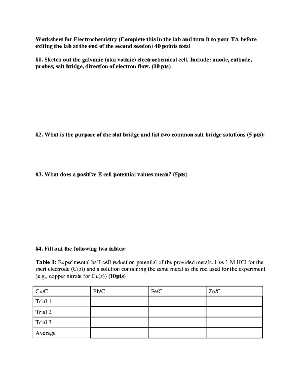 Worksheet+for+Electrochemistry - Sketch out the galvanic (aka voltaic ...