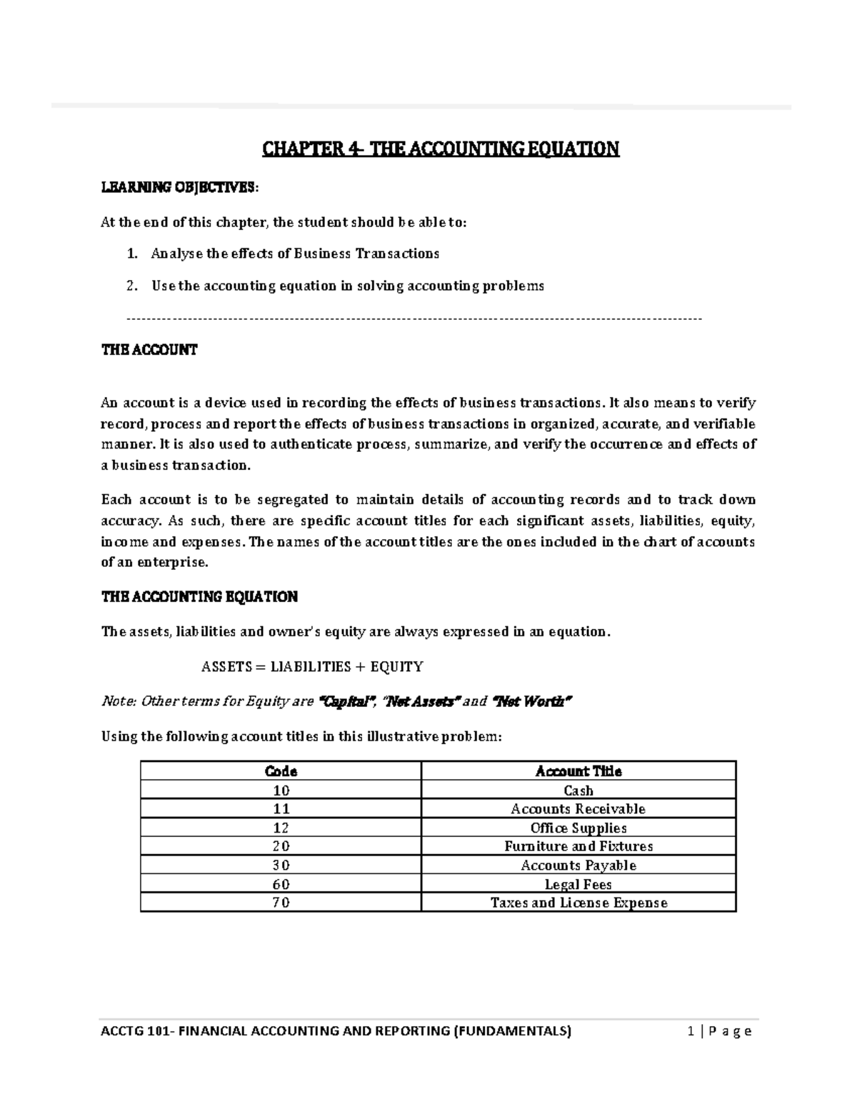 Chapter 4- The Accounting Equation final - CHAPTER 4- THE ACCOUNTING ...