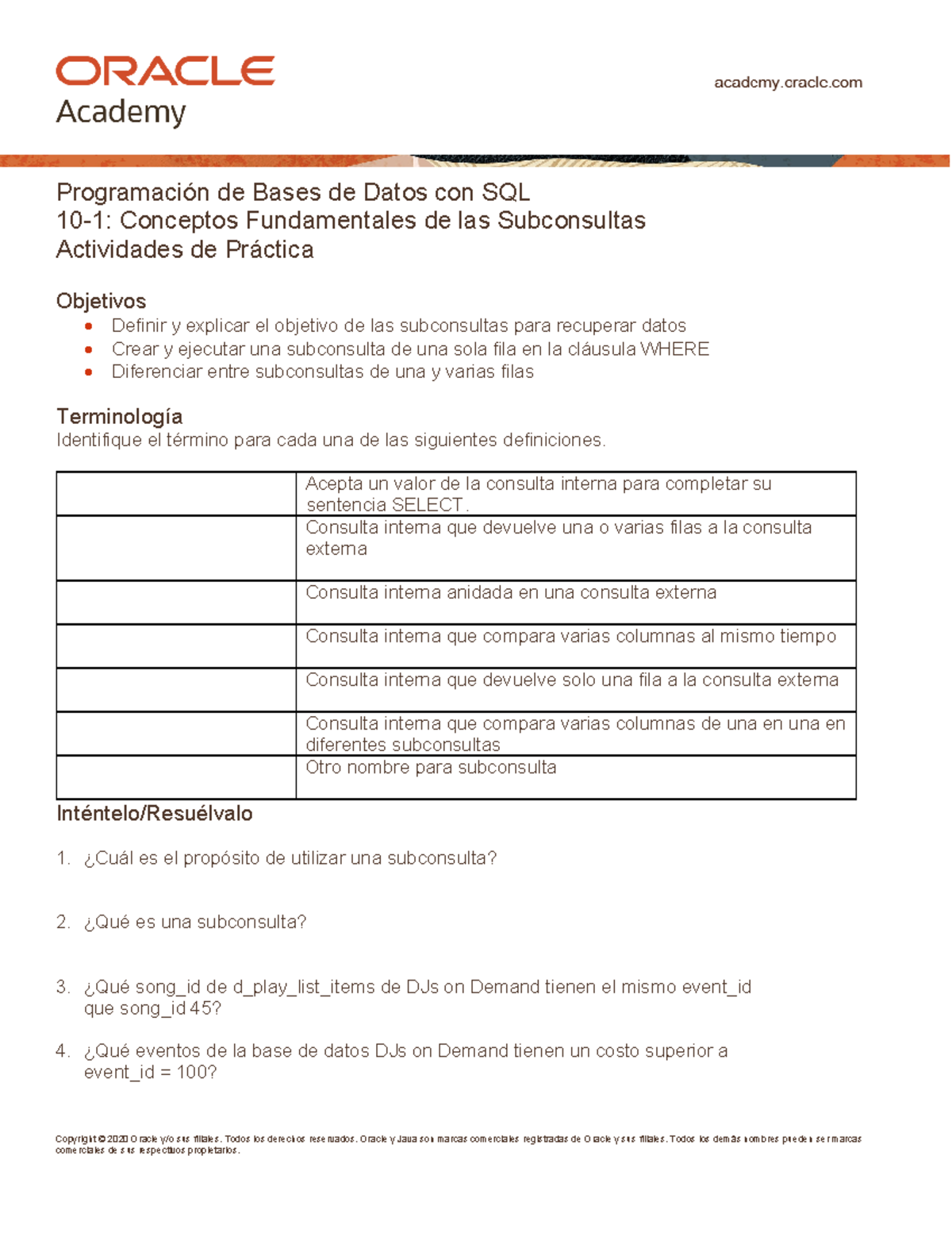 DP 10 1 Practice esp - Práctica - Copyright © 2020 Oracle y/o sus ...