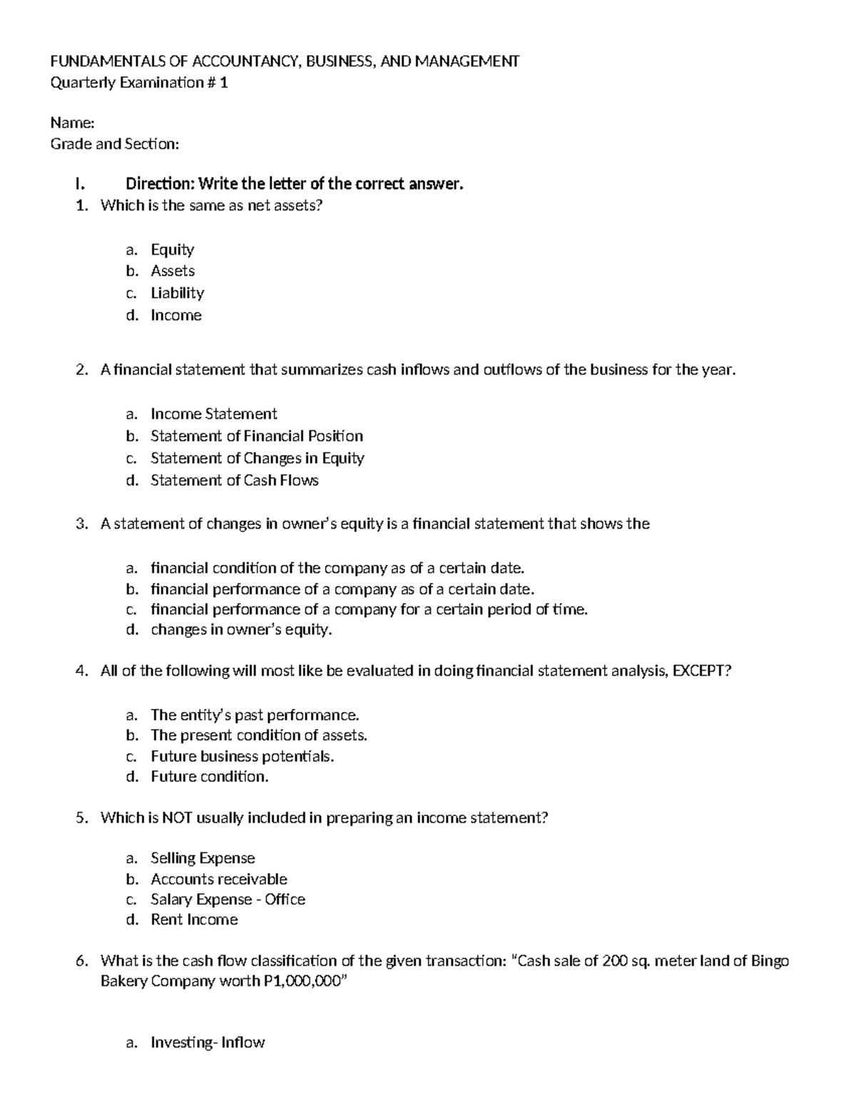 QE #1 - Accounting - FUNDAMENTALS OF ACCOUNTANCY, BUSINESS, AND ...