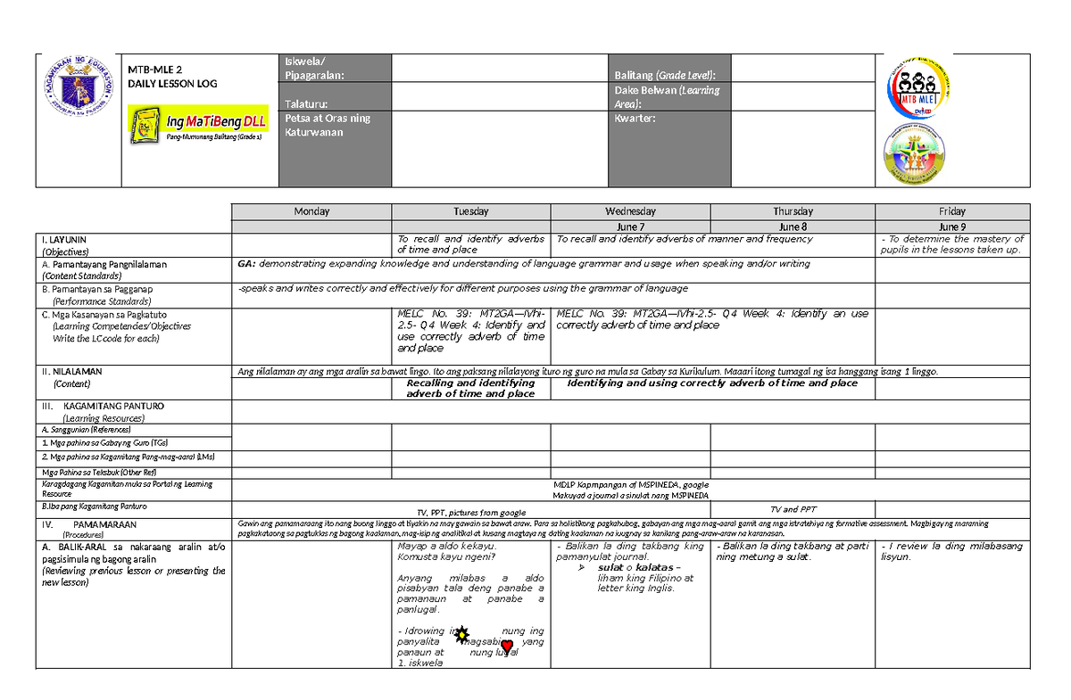 MTB- Template - MTB-MLE 2 DAILY LESSON LOG Iskwela/ Pipagaralan ...