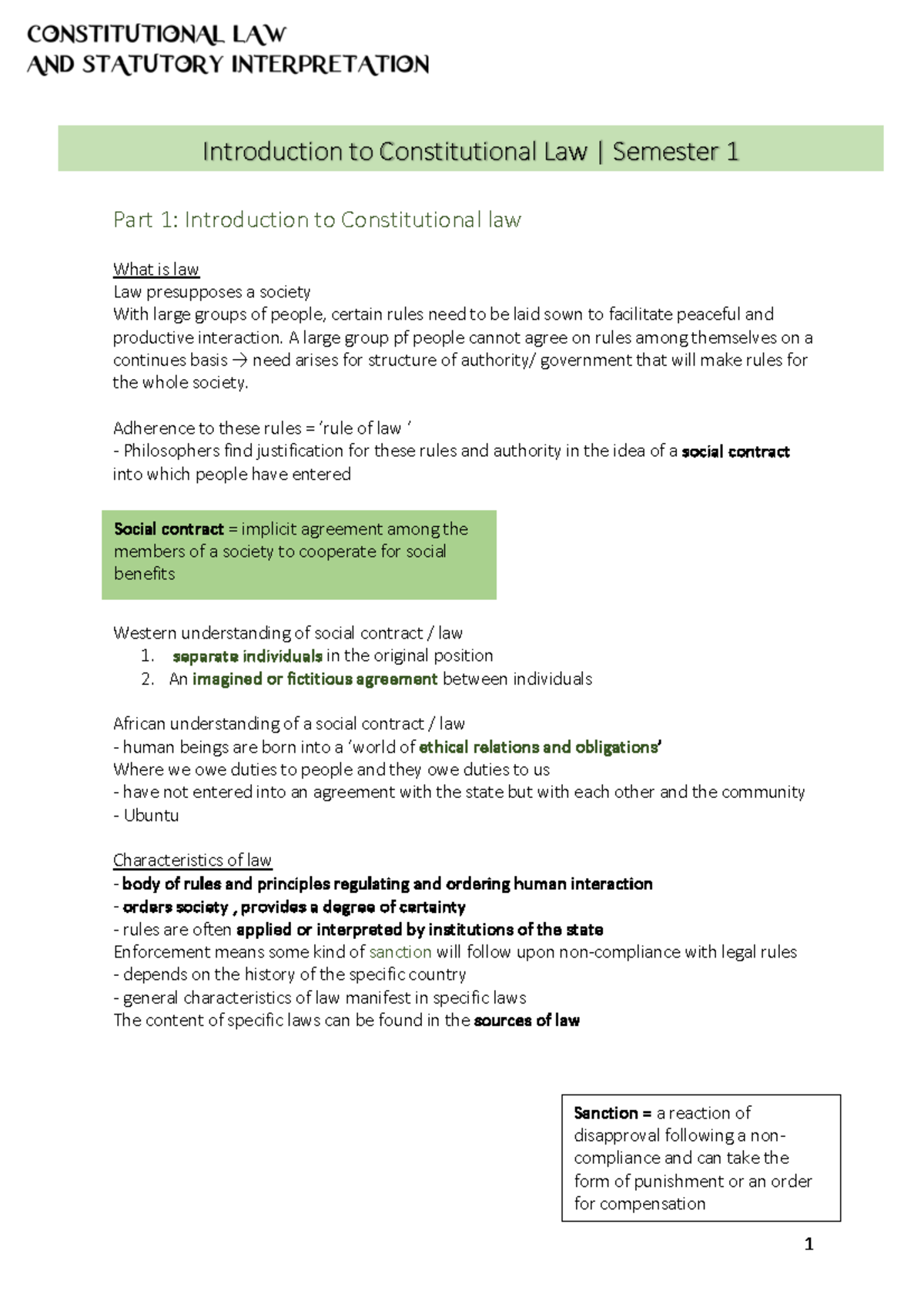 Con law and stat interp S1 - Part 1: Introduction to Constitutional law ...