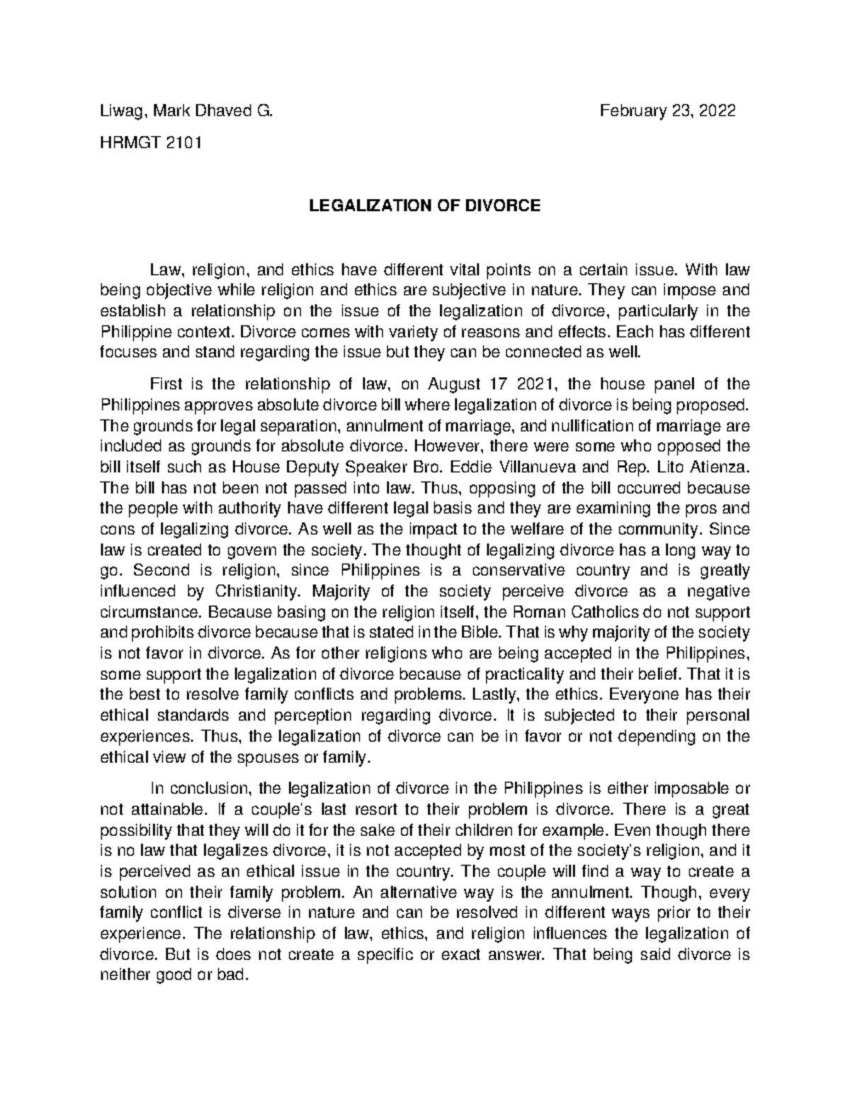 LEGALIZATION OF DIVORCE - Liwag, Mark Dhaved G. February 23, 2022 HRMGT ...