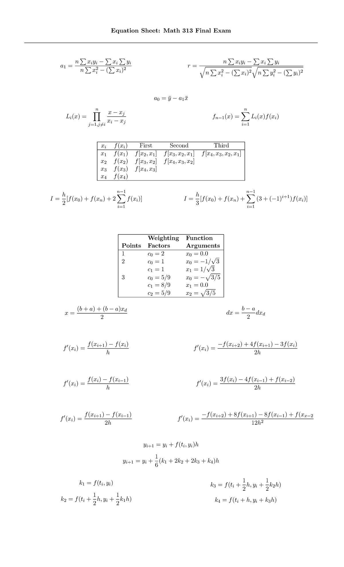 Eq Sheet Final - Equation Sheet: Math 313 Final Exam a1 = n P P P x y − xi yi Pi i2 P n xi − ...
