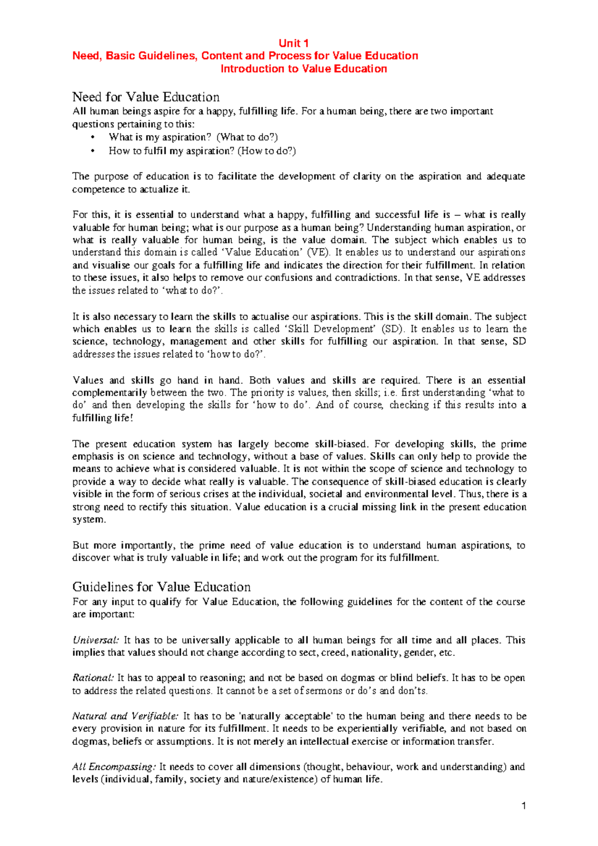 UHV -Introduction to Value Education-Unit -1 - Unit 1 Need, Basic Guidelines, Content and ...