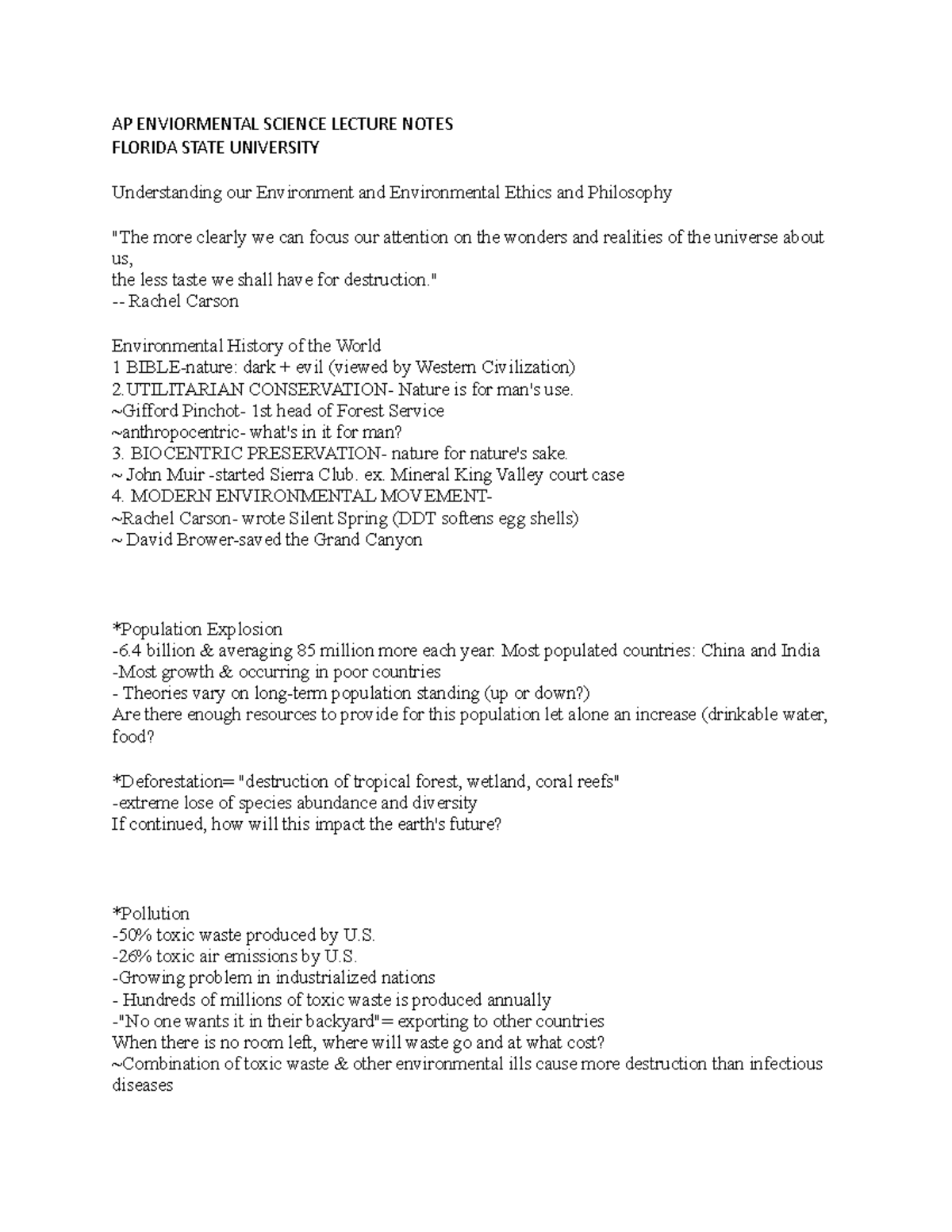 ( Enviormental Philosophy) AP Enviormental Science Lecture Notes - AP ...