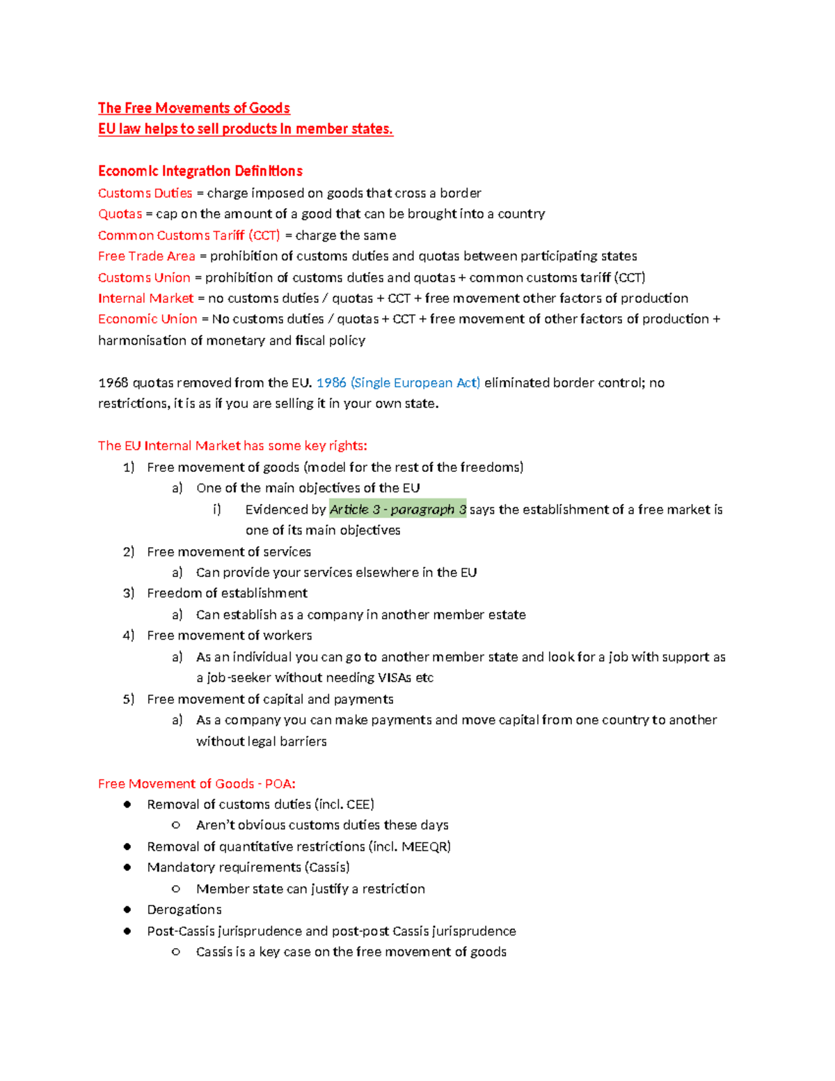 The Free Movement of Goods Notes - The Free Movements of Goods EU law ...