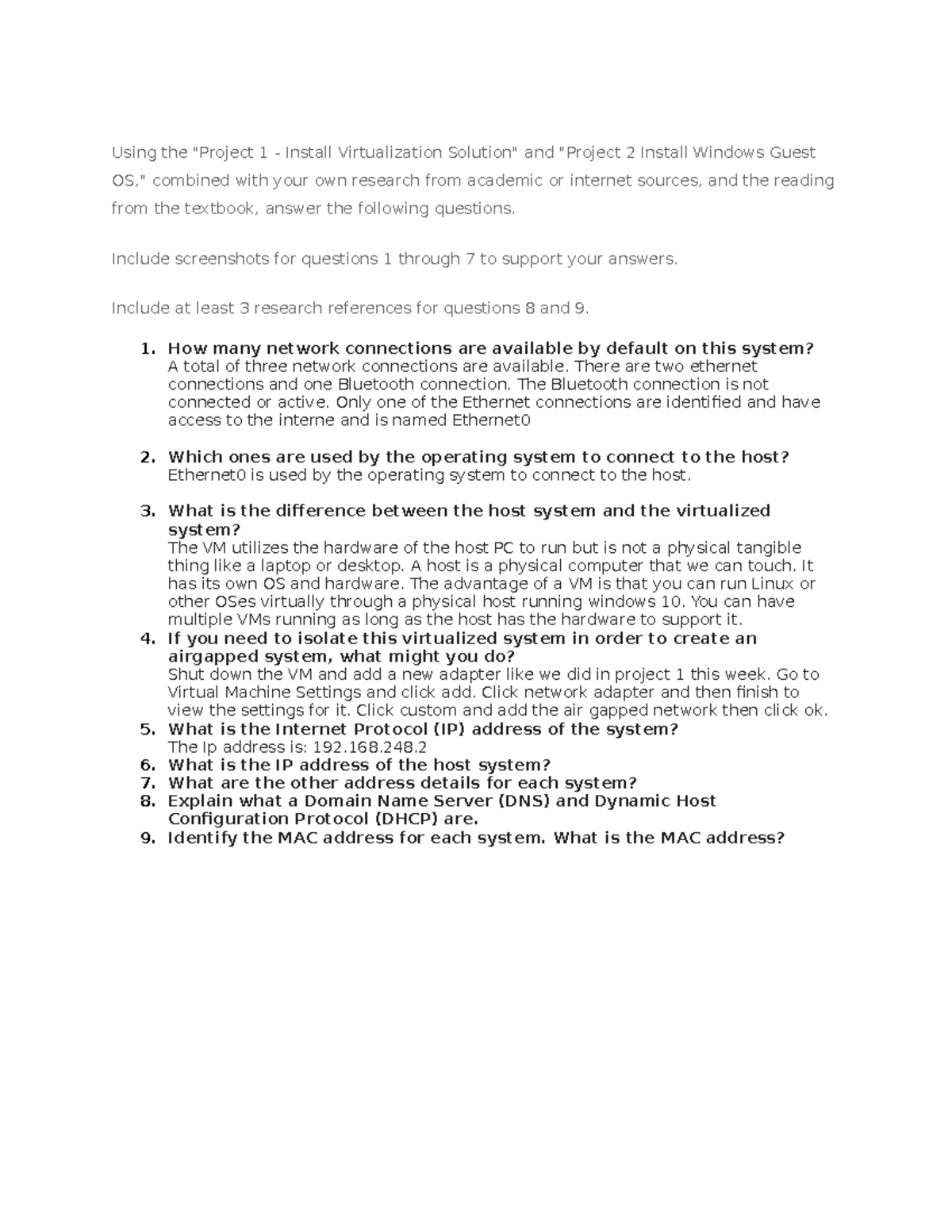 Network Configuration - Using the "Project 1 - Install Virtualization Solution" and - Studocu