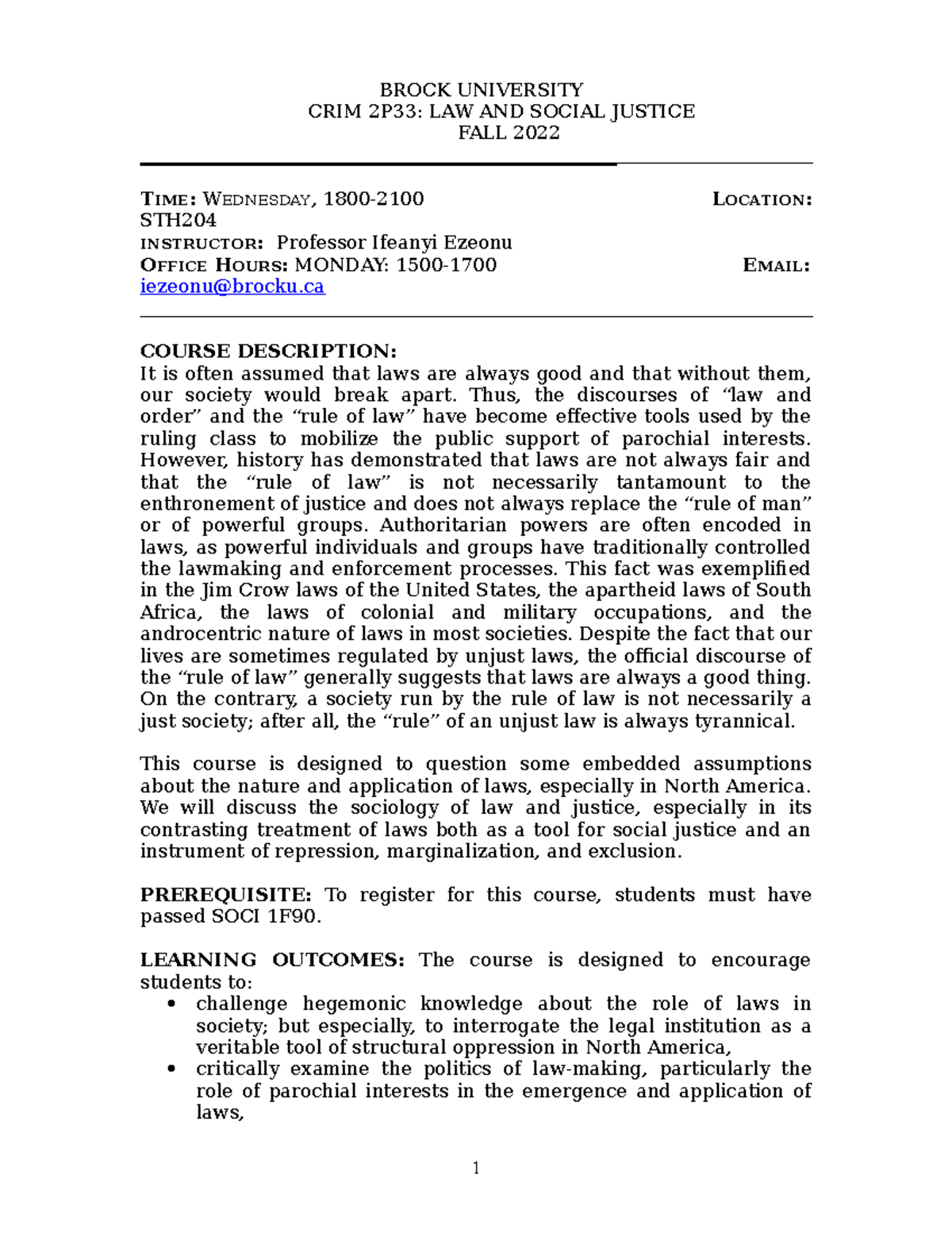 A.a CRIM 2P33 - LAW AND Social Justice FALL 2022 - Course Outline ...