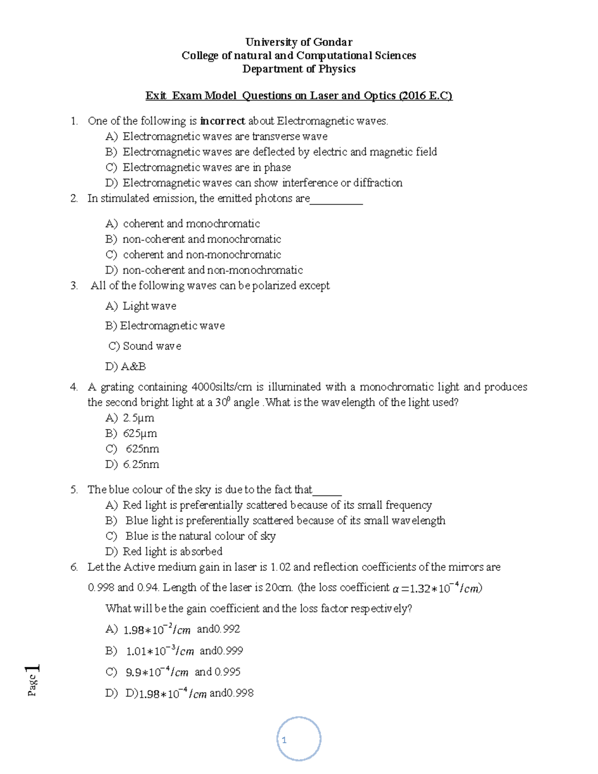 2016 E.C Laser and Optics Exit Exam Questions - Page 1 1 University of ...