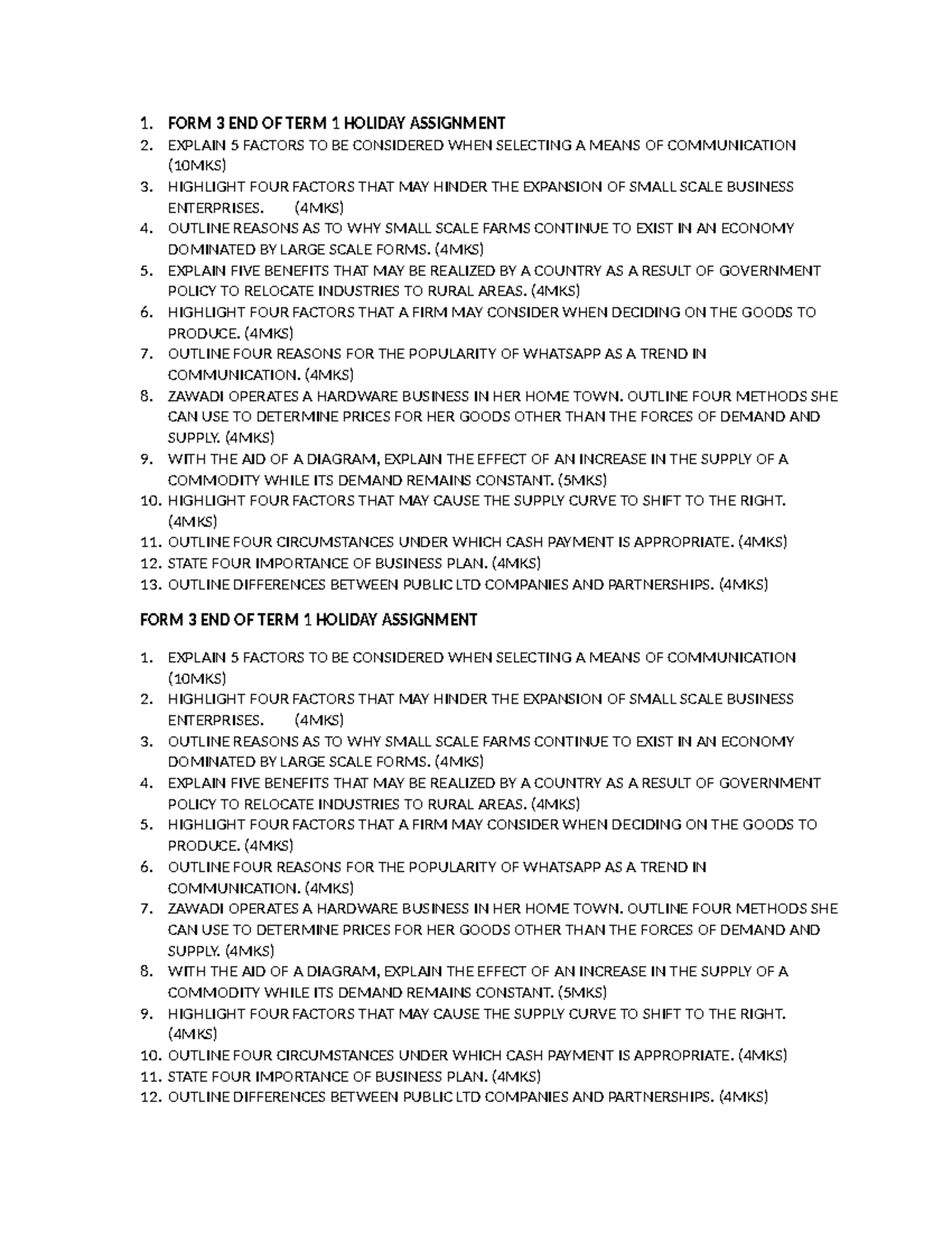 FORM 3 END OF TERM 1 Holiday Assignment - 1. FORM 3 END OF TERM 1 ...