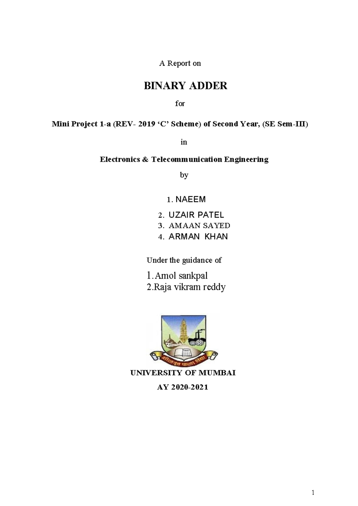 Group 11 Miniproject Report.pdf-converted - A Report on BINARY ADDER for Mini Project 1-a (REV ...