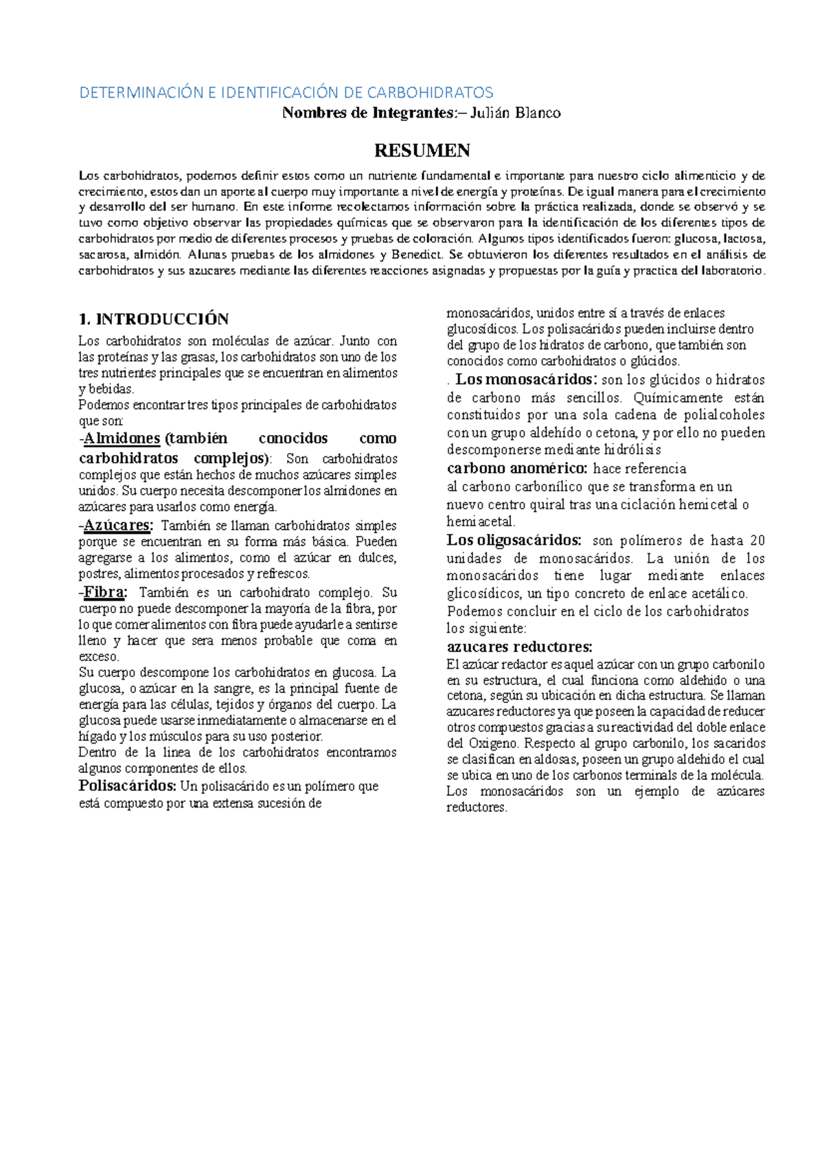 Determinacion E Identificacion DE Carboh - DETERMINACIÓN E ...