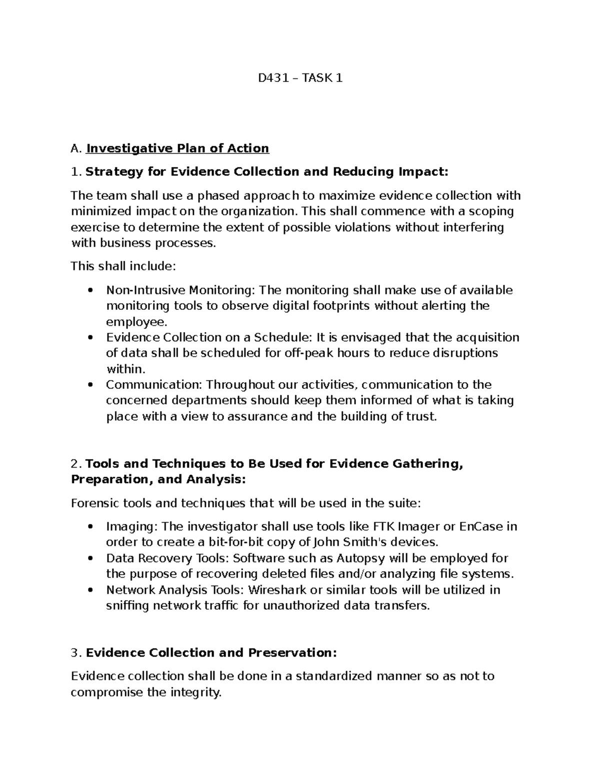 D431 Task 1 - Task 1 - D431 - D431 – TASK 1 A. Investigative Plan of ...