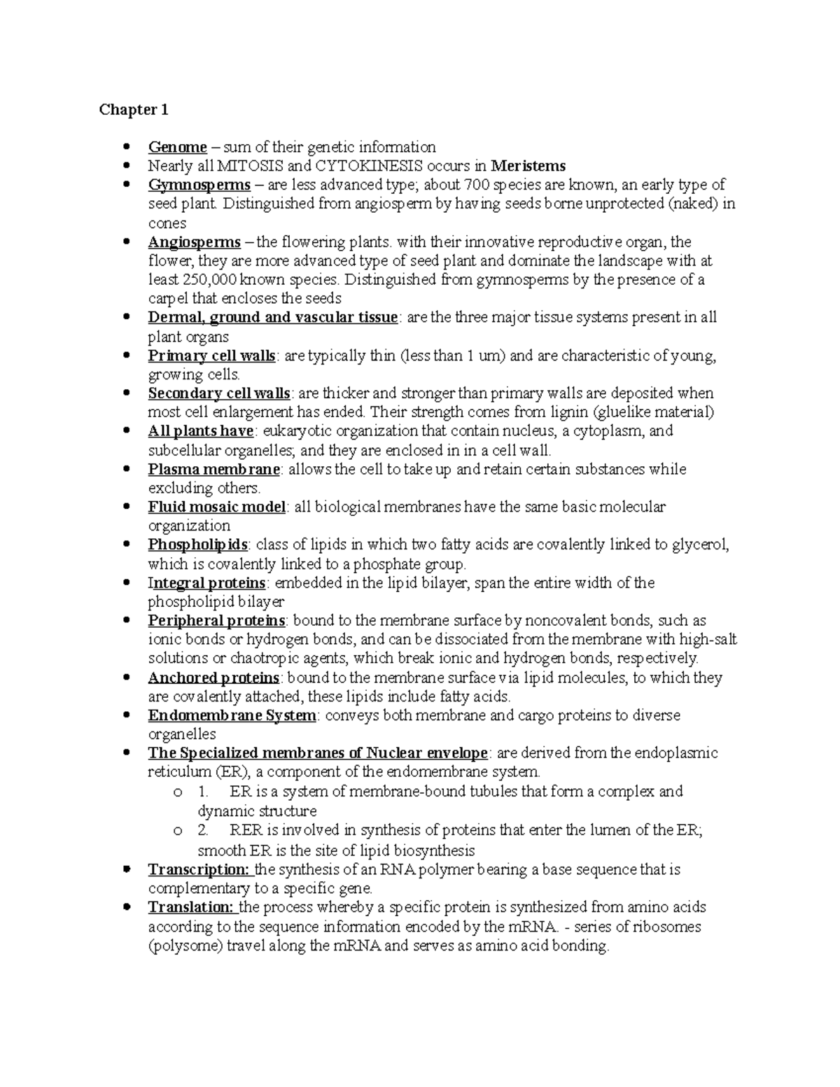 Plant Physiology Exam 1 Vocabulary - Chapter 1 Genome – sum of - Studocu