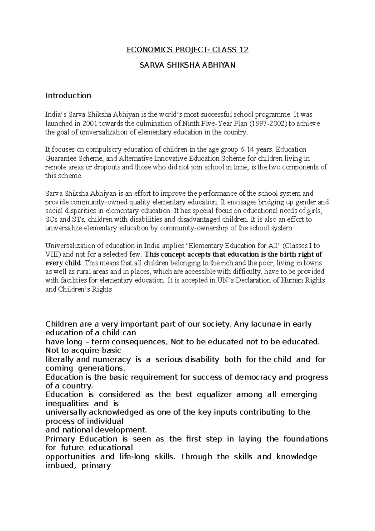 Economics Project - ECONOMICS PROJECT- CLASS 12 SARVA SHIKSHA ABHIYAN ...