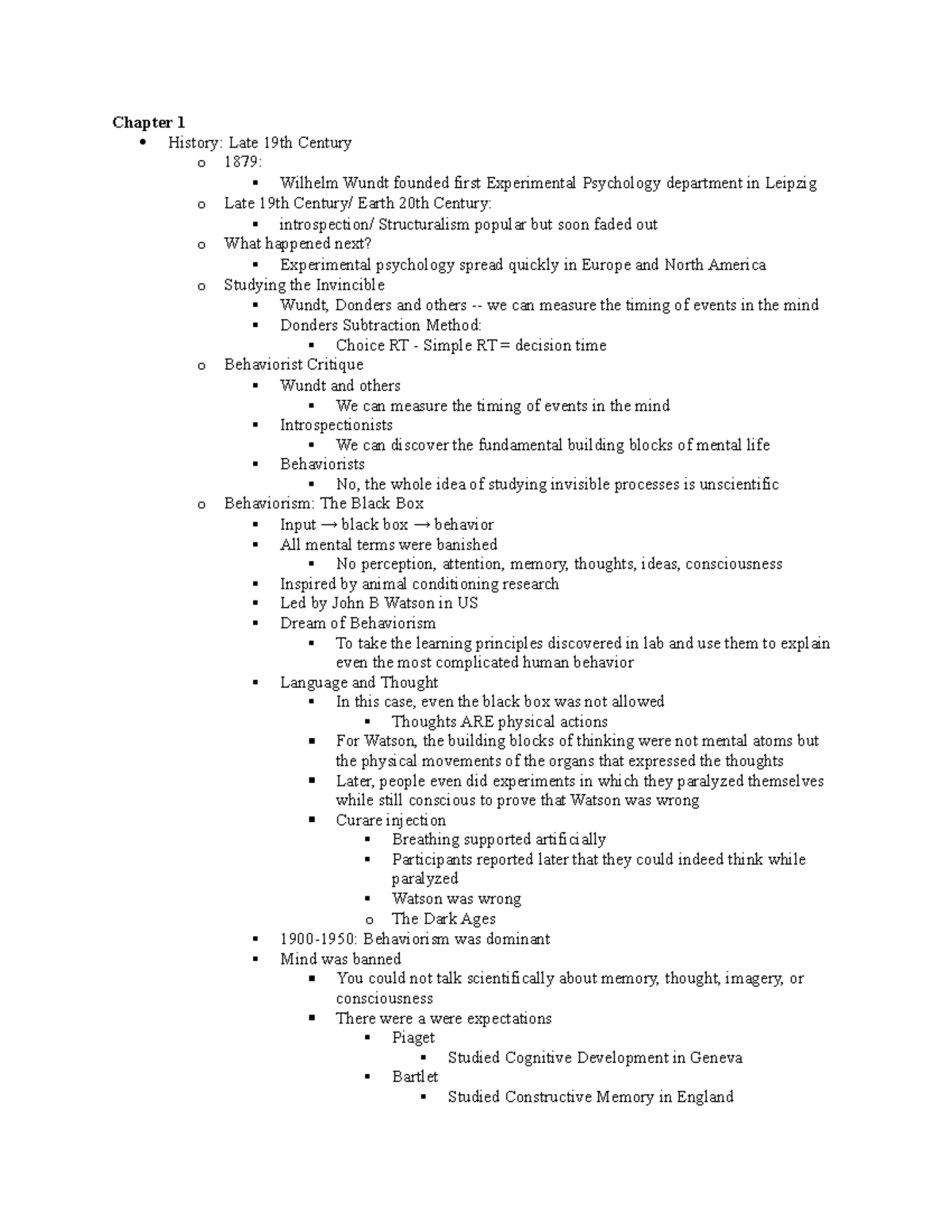 Chapter 1 Notes - Chapter 1 History: Late 19th Century o 1879: Wilhelm ...