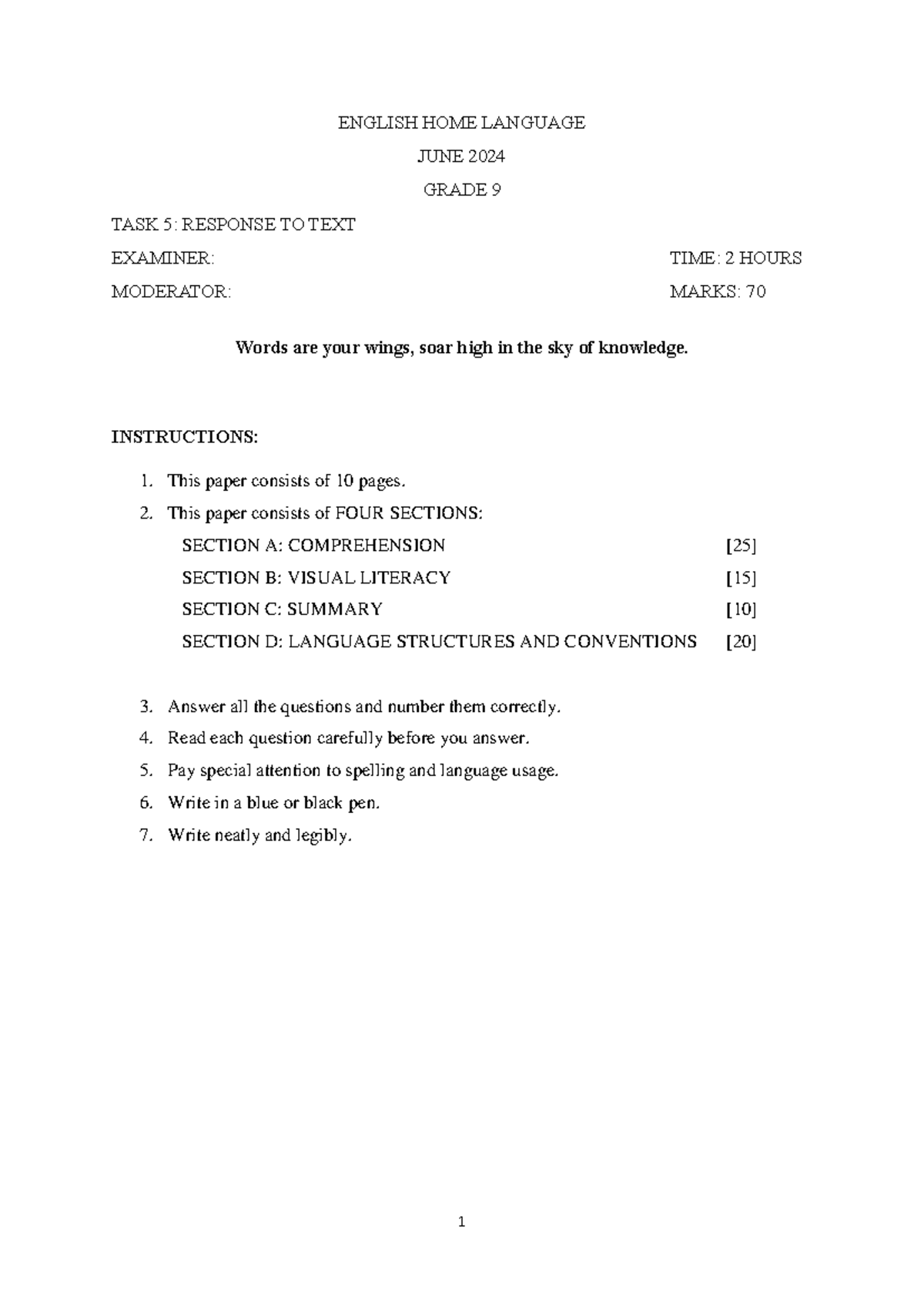 TASK 5 Respnse TO TEXT - task 5 - ENGLISH HOME LANGUAGE JUNE 2024 GRADE ...