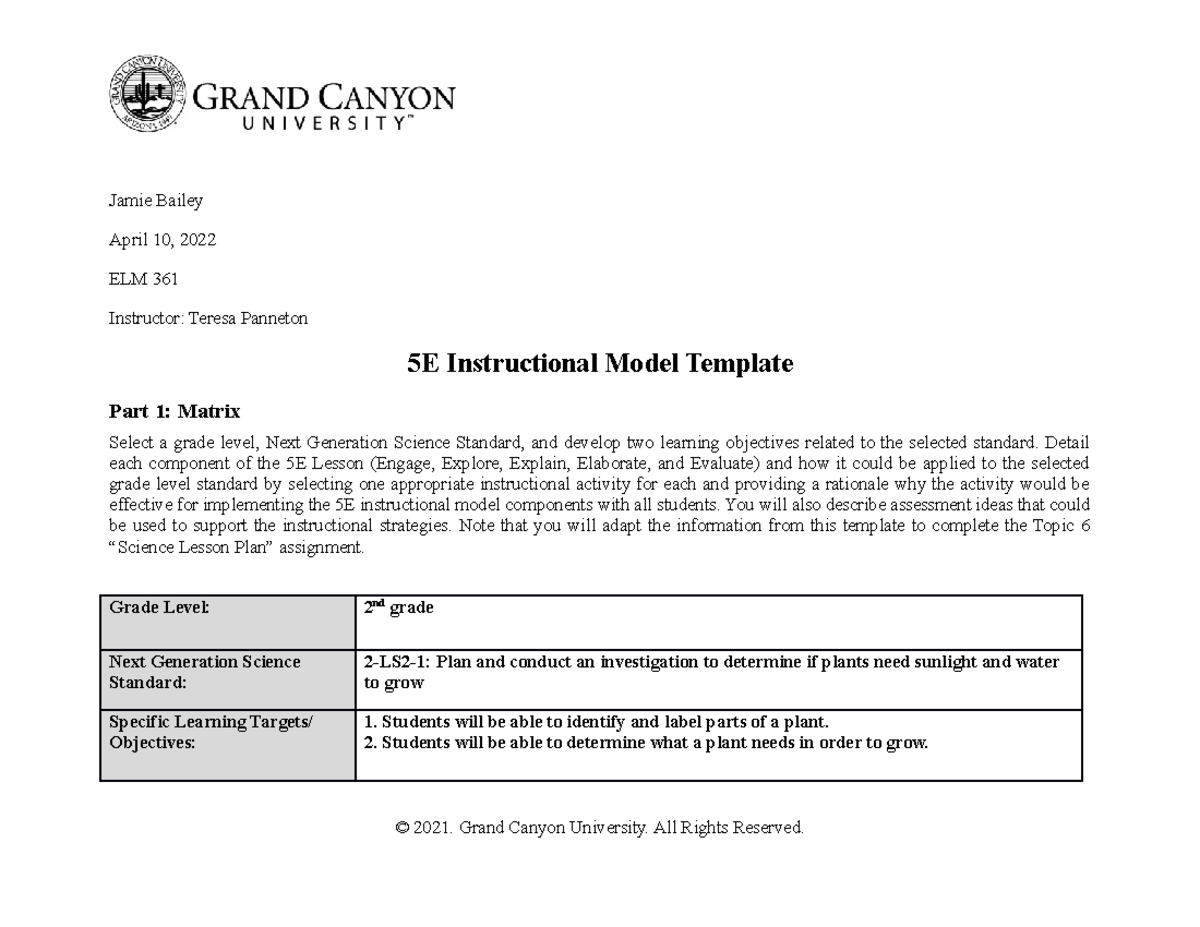 ELM 361 RS 5E Instructional Model Jbailey Topic 5 - Jamie Bailey April 10, 2022 ELM 361 ...