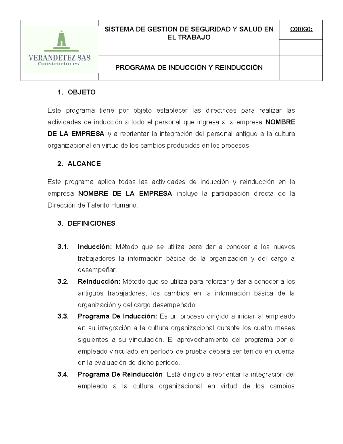 Programa DE Induccion Y Reinduccion - SISTEMA DE GESTION DE SEGURIDAD Y SALUD EN EL TRABAJO ...