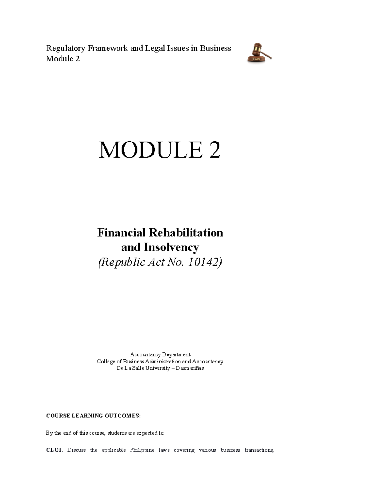 Module 2 FRIA Law - Regulatory Framework and Legal Issues in Business Module 2 MODULE 2 ...