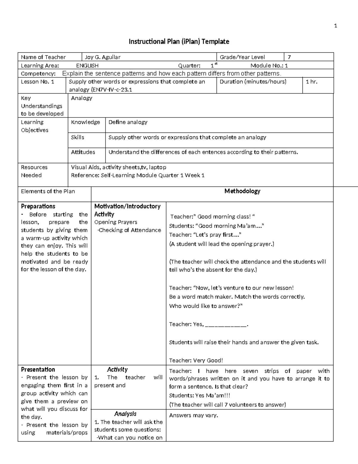 Instructional Plan Analogy - 1 Instructional Plan (iPlan) Template Name ...