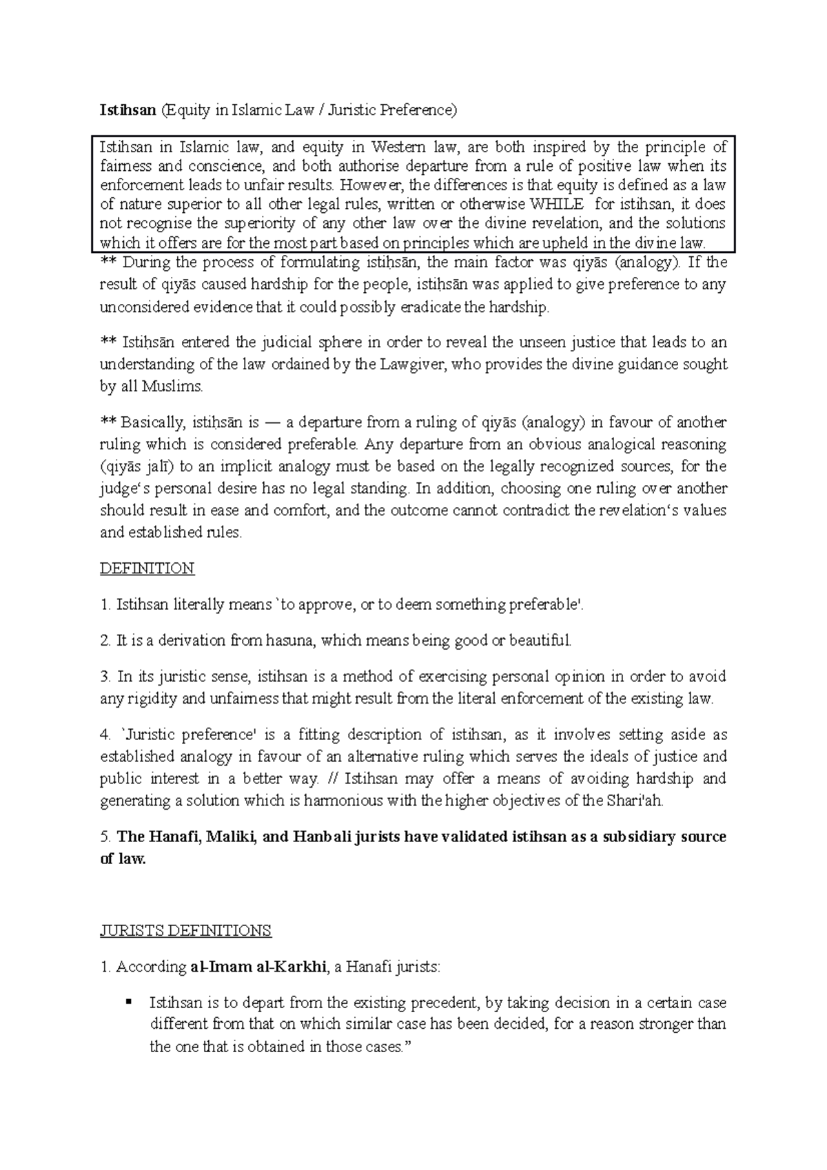 Istihsan (Equity in Islamic Law / Juristic Preference) - Istihsan ...