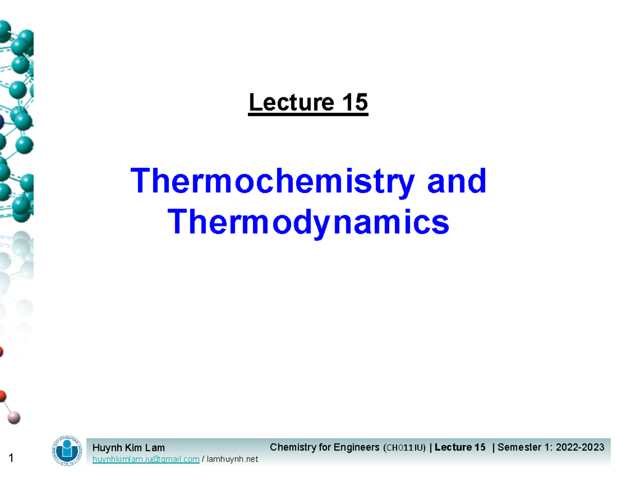 Lecture 15 - Thermochemistry and Thermodynamics - Huynh Kim Lam ...