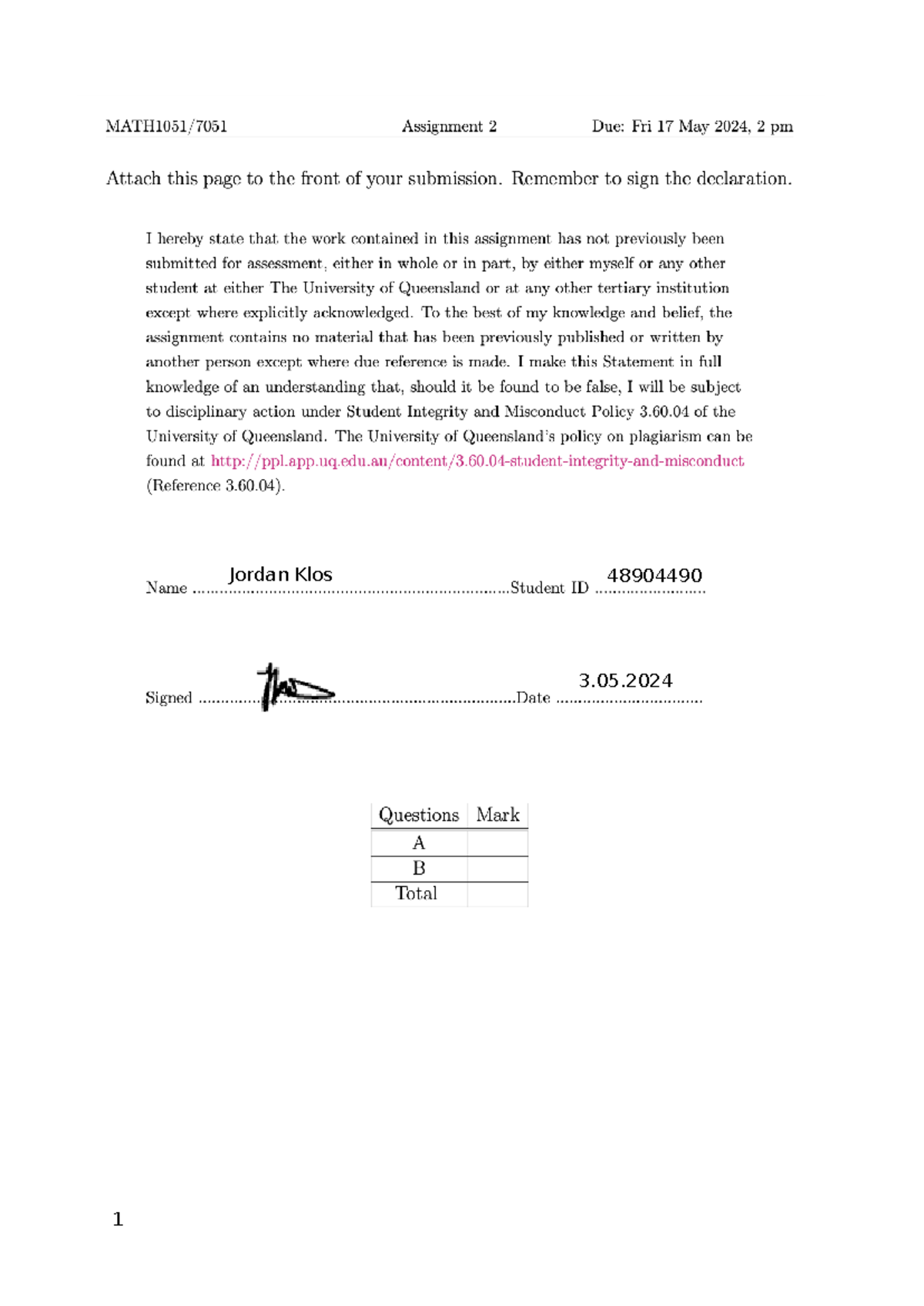 1051 assignment 2 - Jordan Klos Part A: warm-up questions A (1 mark ...